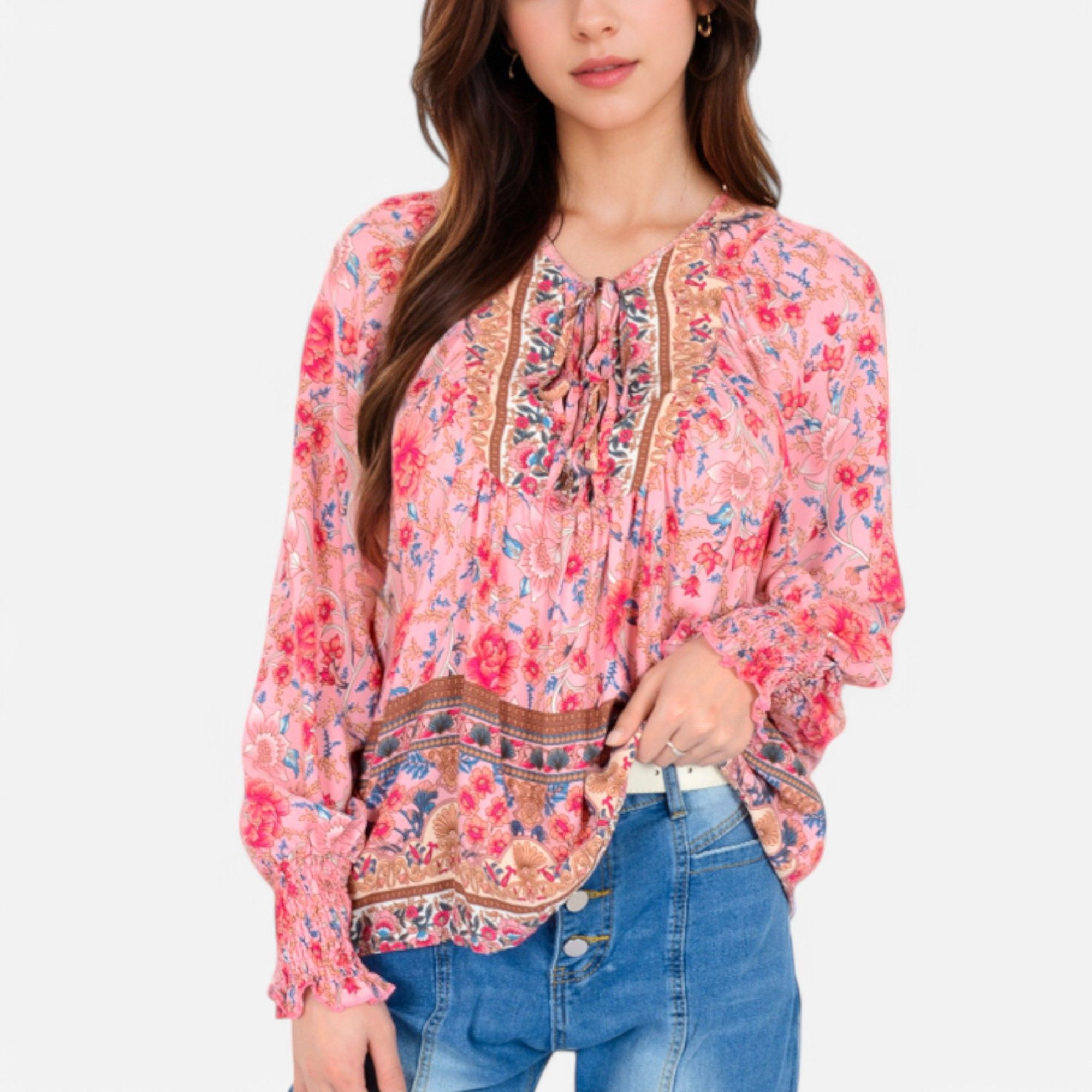 Women's Floral Boho Peasant Blouse with Long Sleeves and Tassel Tie - X ...