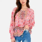 Women's Floral Boho Peasant Blouse with Long Sleeves and Tassel Tie - X ...