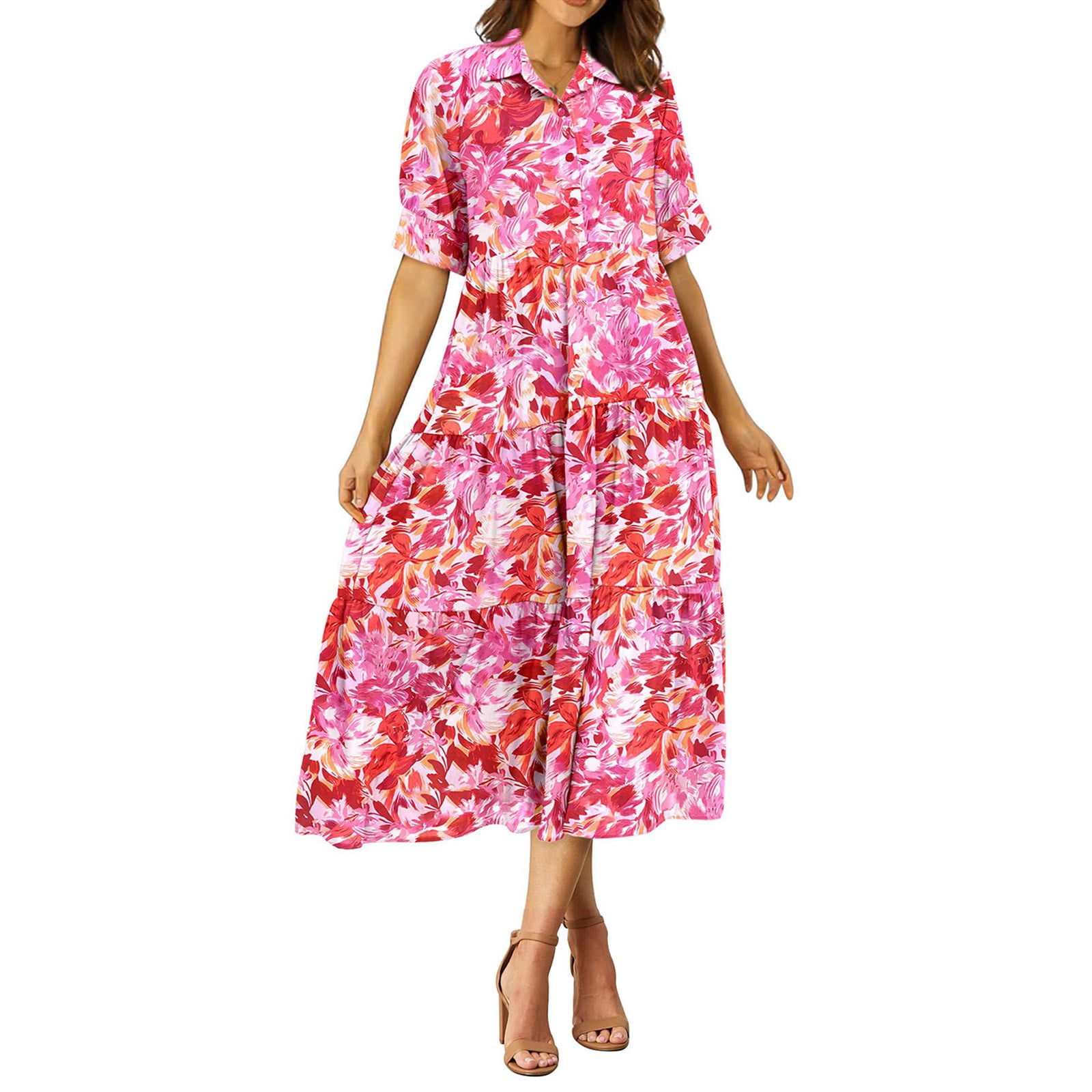 Women's Floral Button Shirt Long Dress Summer Casual Short Sleeve ...