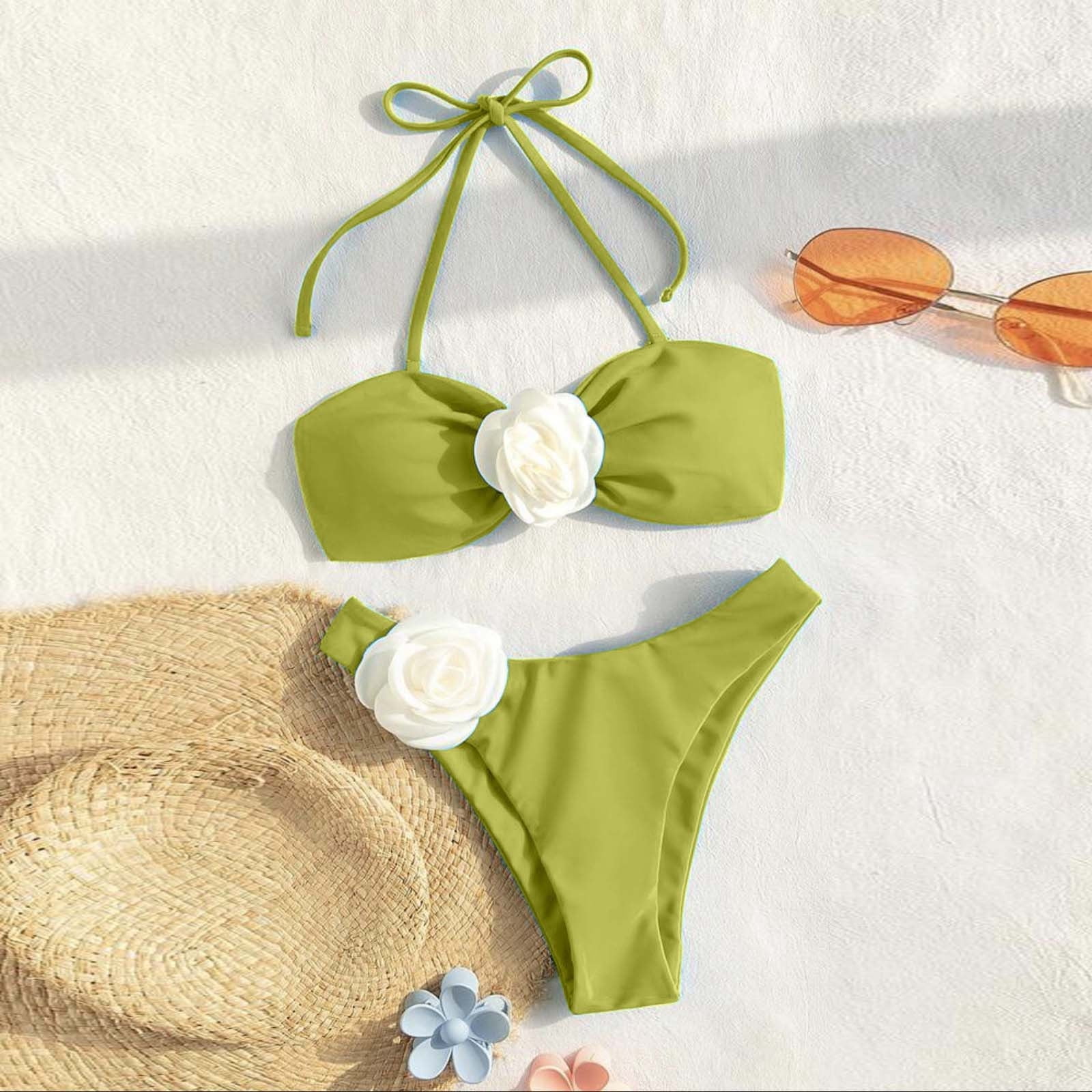 Women's Floral Decoration Neck Convertible Two Way Bikini Set Beach ...