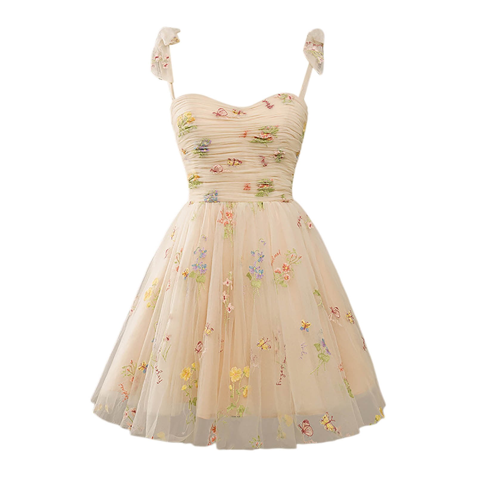 Women's Floral Embroidered Chiffon Dress with Thin Shoulder Straps ...