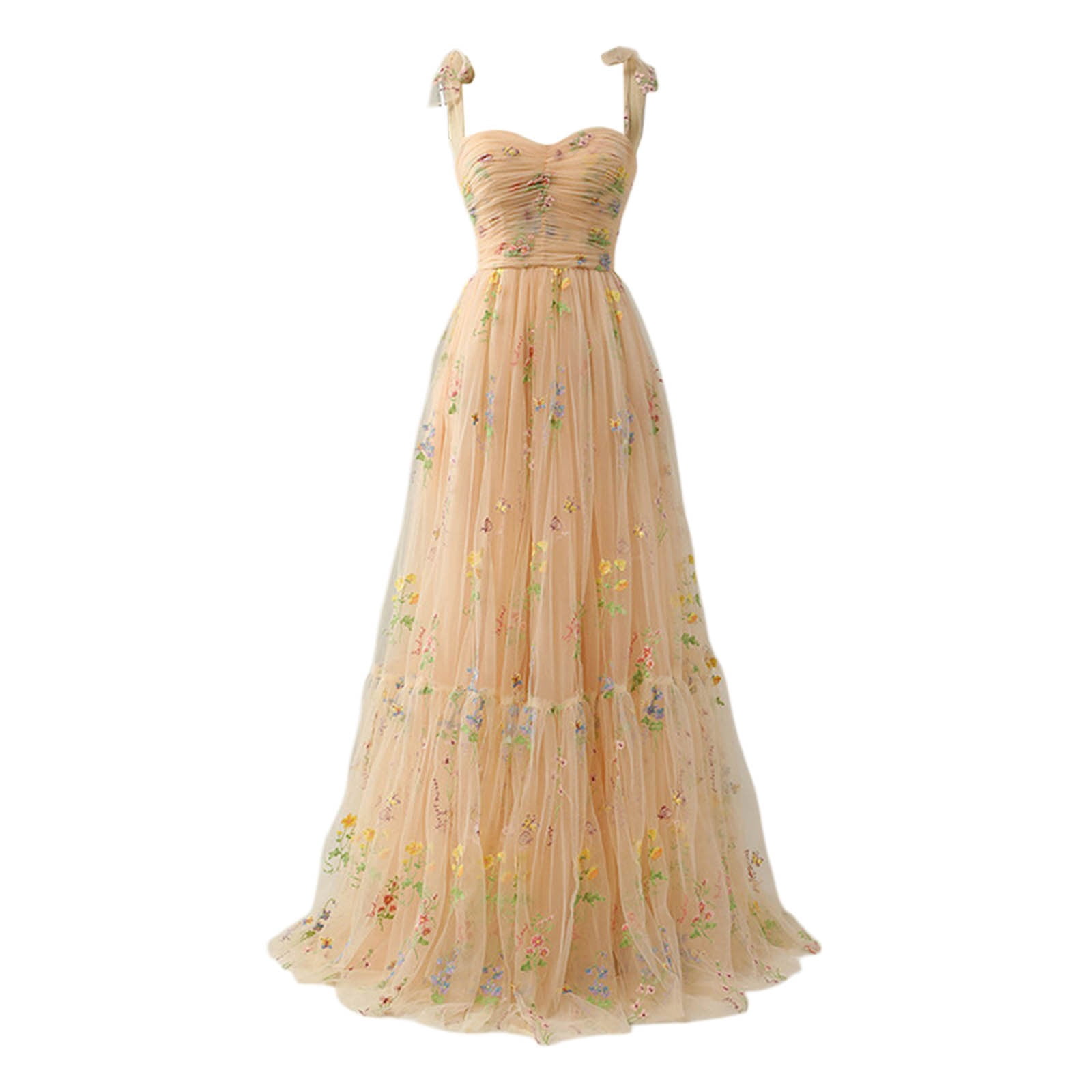 Women's Floral Embroidered Chiffon Evening Gown Thin Straps Fairy ...