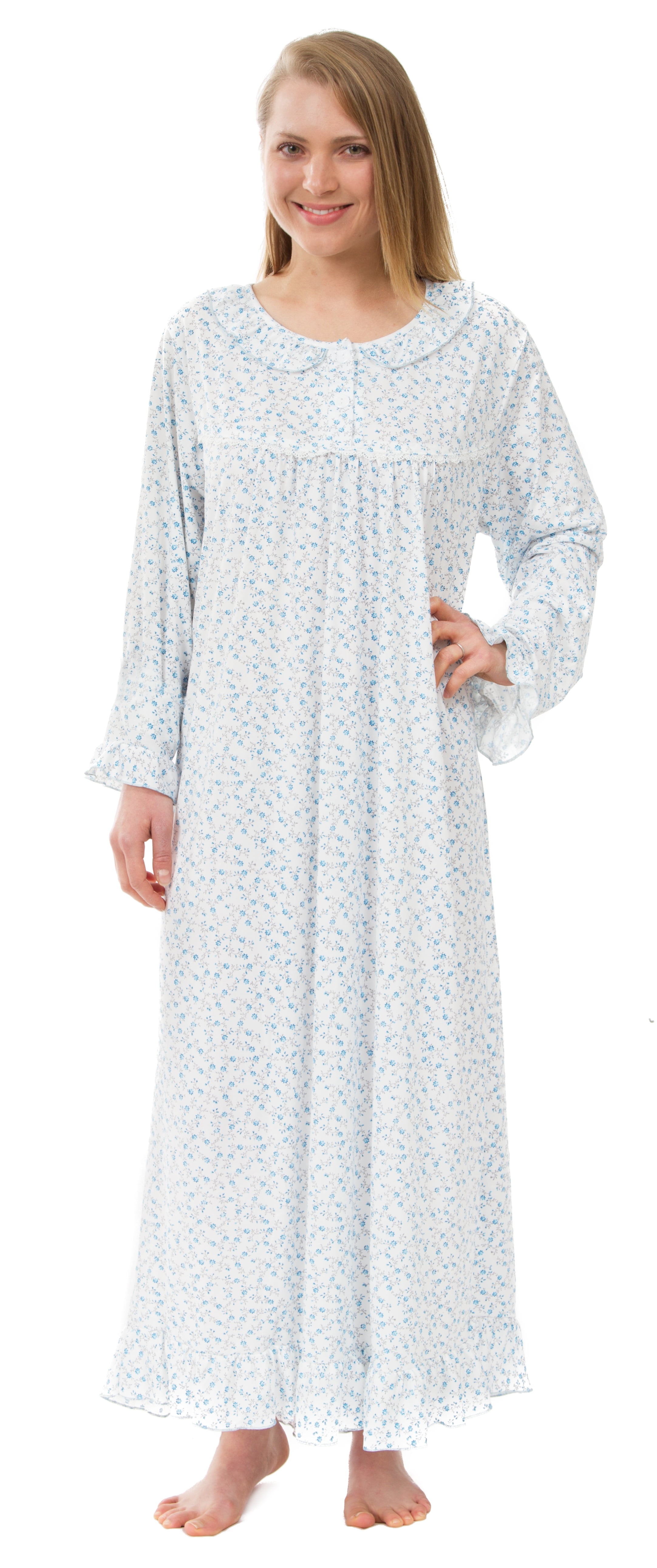 Women's Floral Knit Victorian Robe Nightgown, Long Sleeved Blue Floral ...