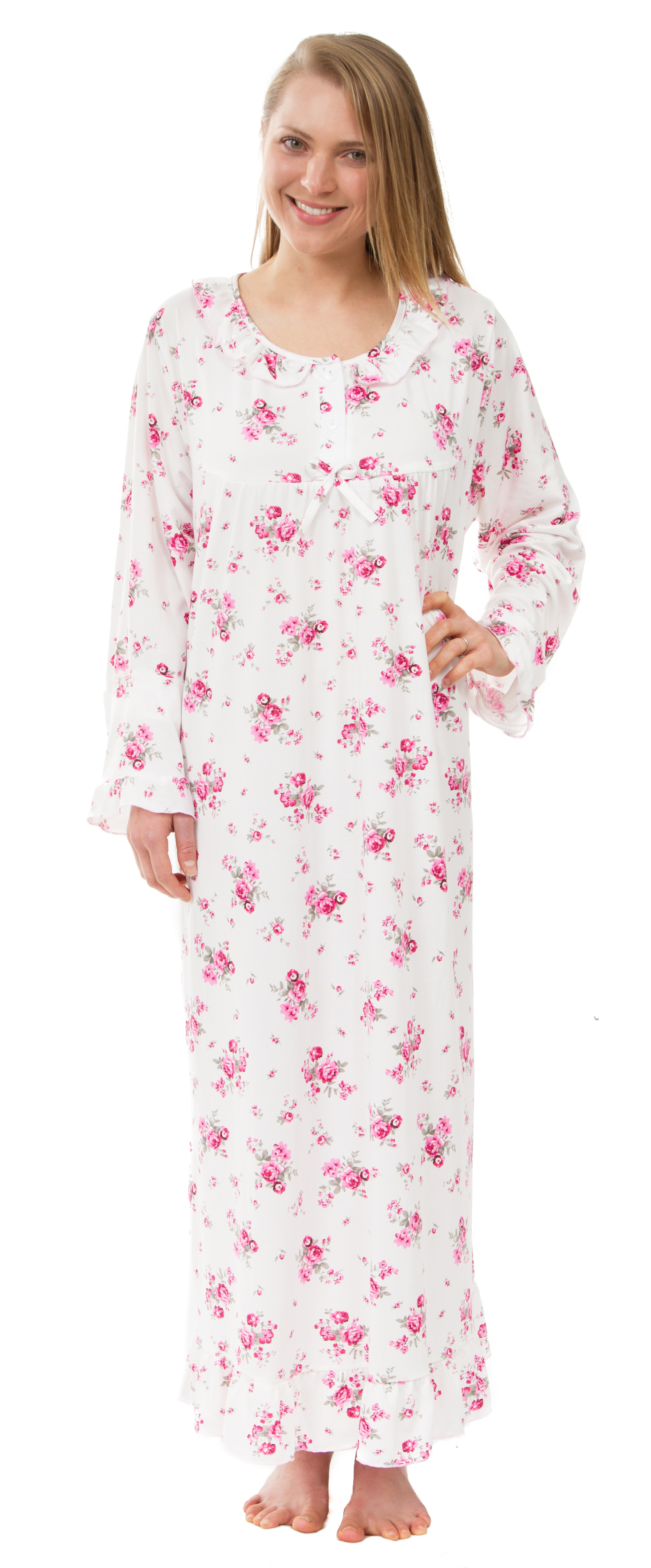 Women's Long Sleeved Floral Knit Victorian Nightgown, Pink Rose Pattern ...