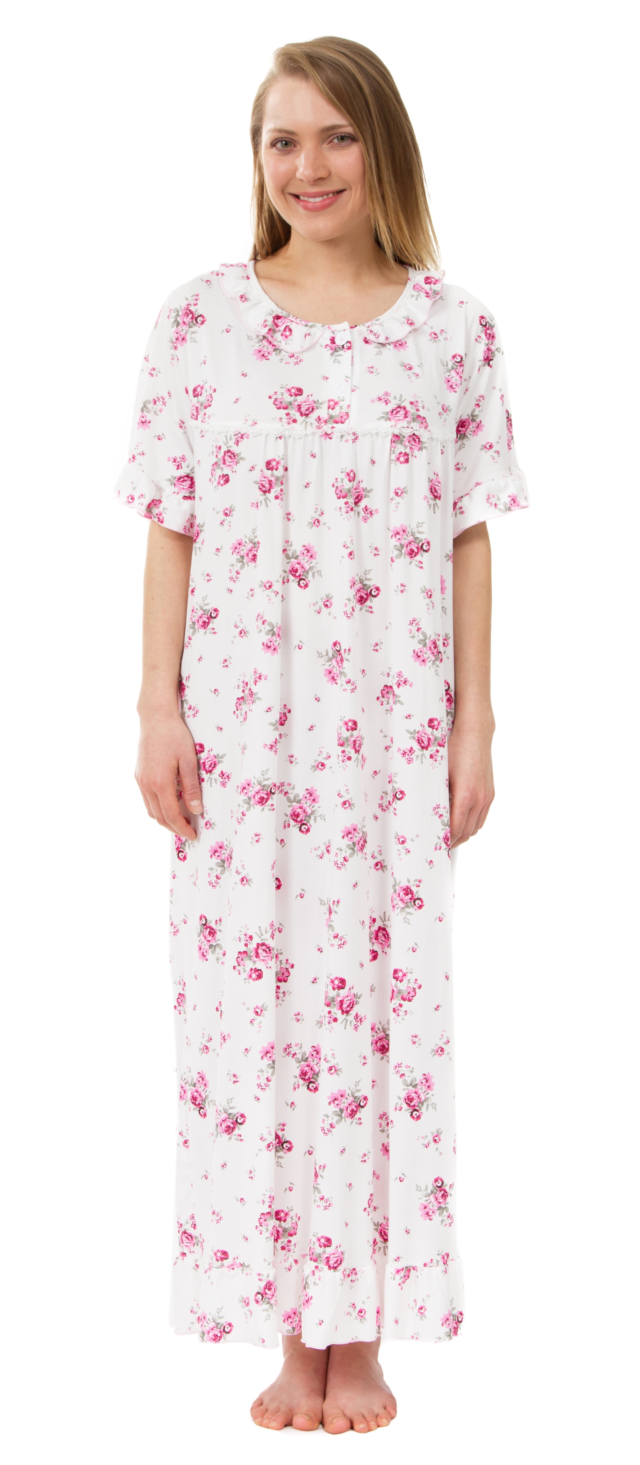 Women's Floral Knit Victorian Robe Nightgown, Short Sleeved Pink Floral ...
