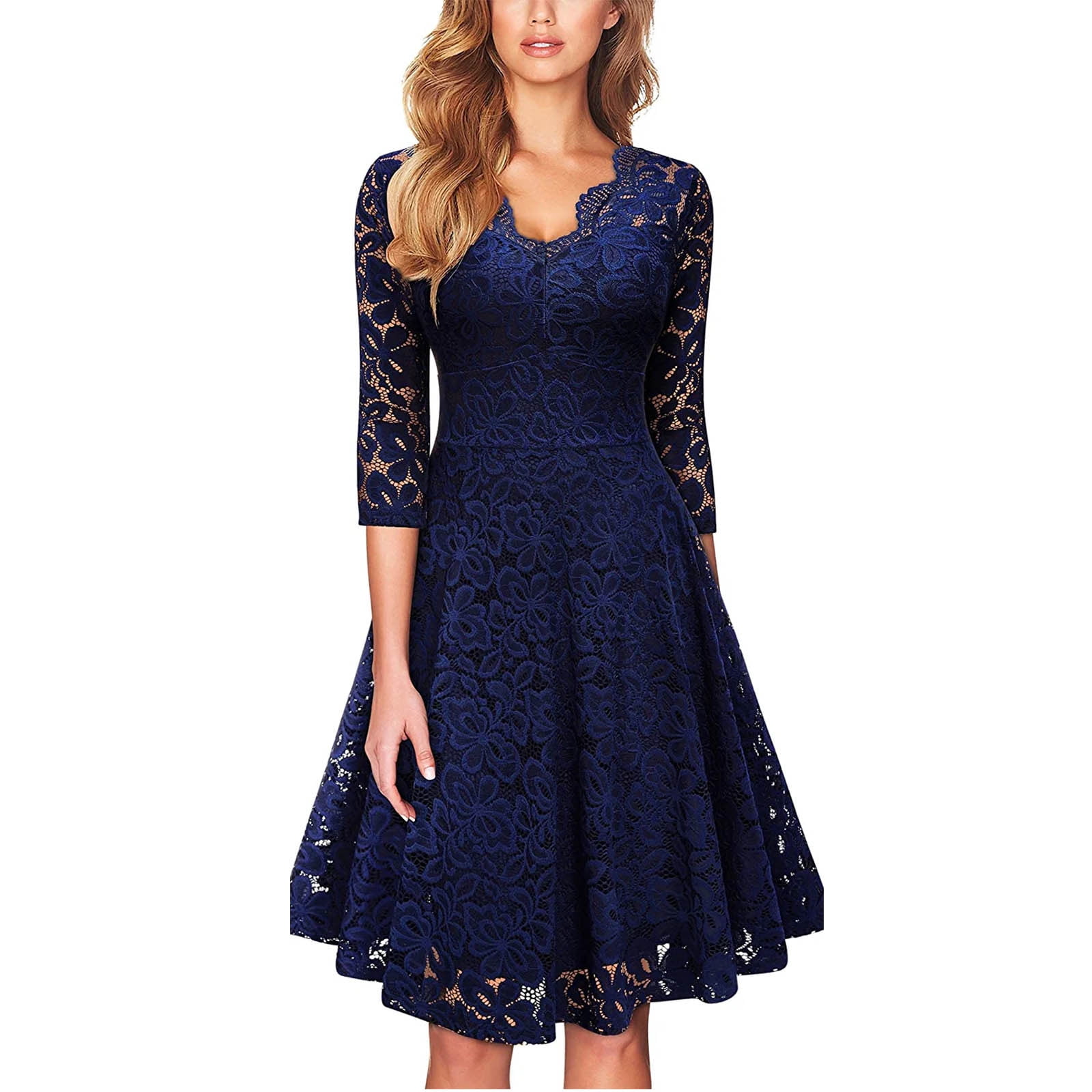 Women's Floral Lace Dresses 3/4 Sleeve Waist V Neck A-Line Pleated ...