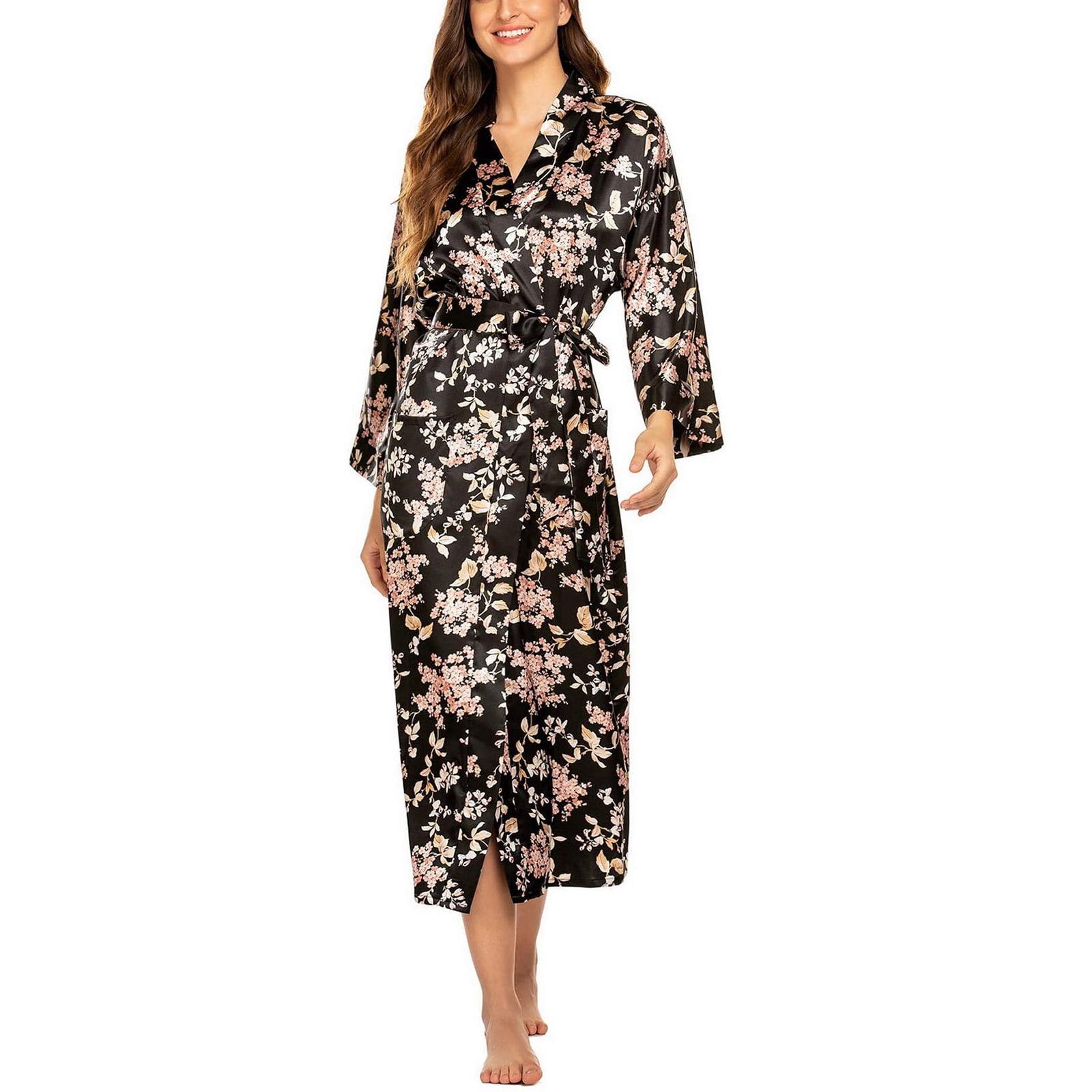 Womens Floral Long Satin Robes Plus Size Long Silk Robes Floral