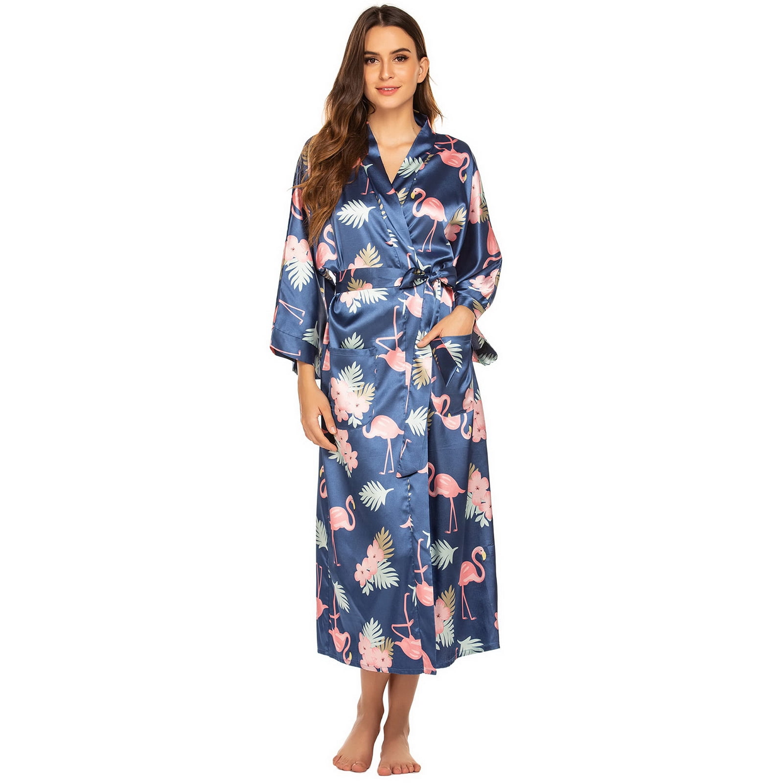 Womens Floral Long Satin Robes Plus Size Long Silk Robes Floral