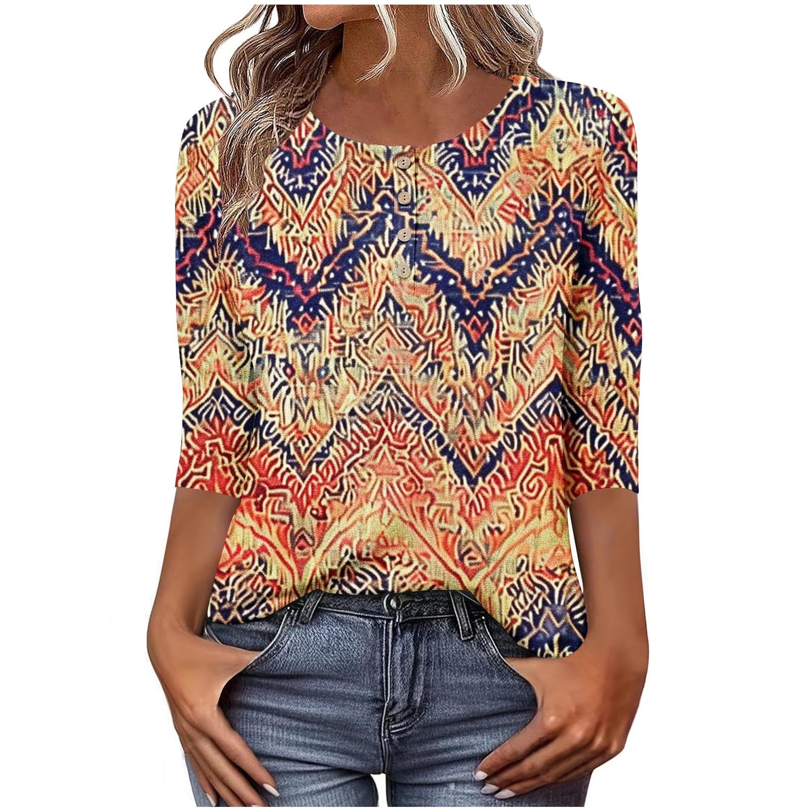 Women's Floral Print 3/4 Sleeve Blouse – Loose Fit Crew Neck Button-Down Top | Casual Summer ...