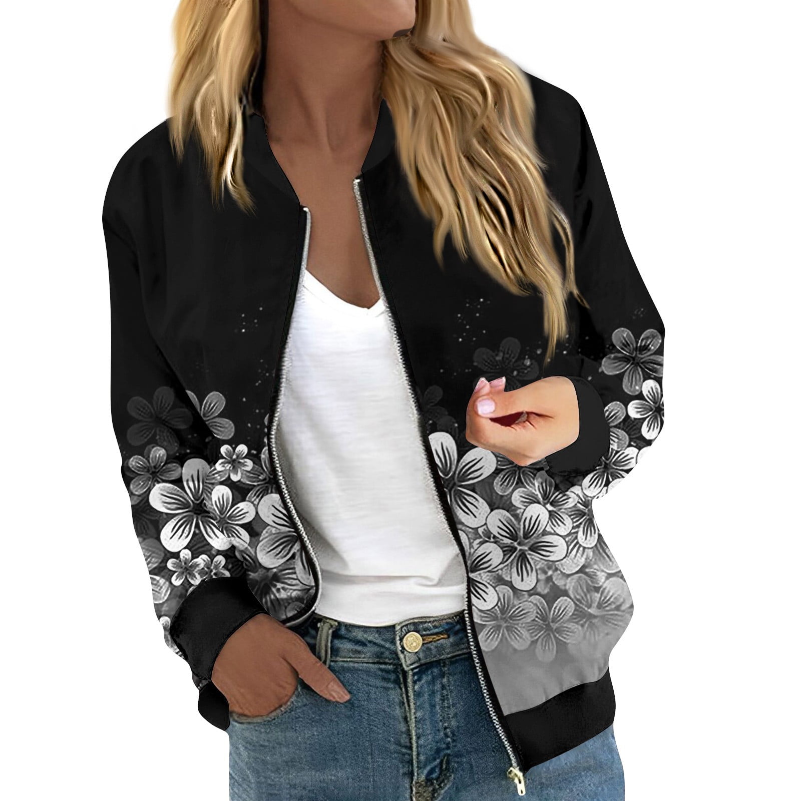Women's Floral Print Bomber Jacket Casual Lightweight Zip-Up Coat with ...