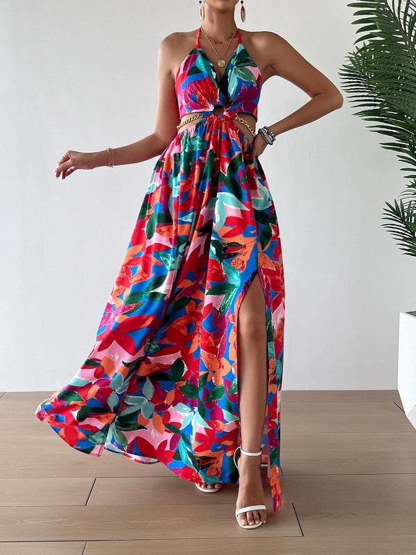 Women's Floral Print Chain Decor Split Thigh Tie Back Cami Dress ...