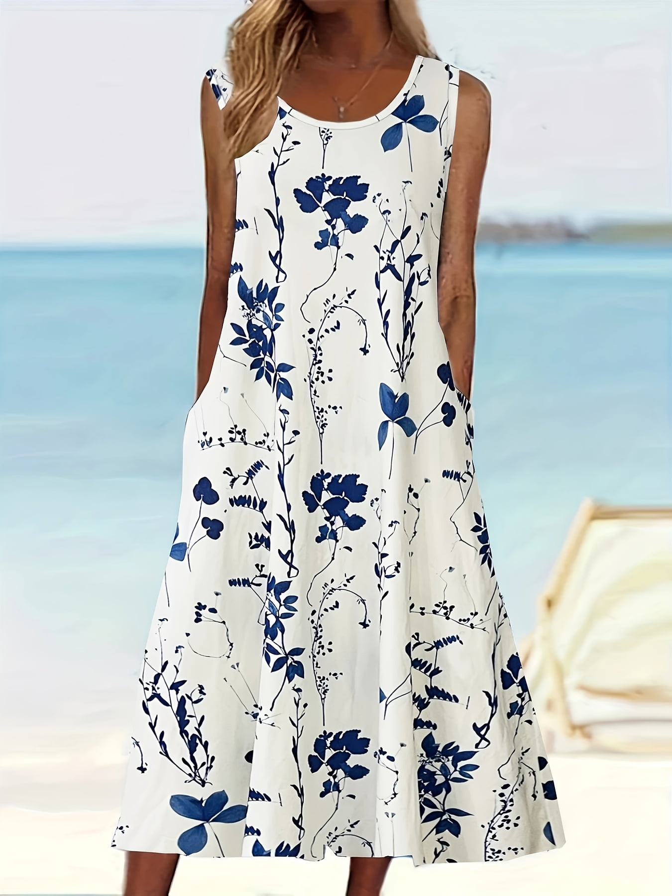 Women's Floral Print Midi Dress - Navy Blue Floral on White, Spaghetti Strap V-Neck, Soft ...