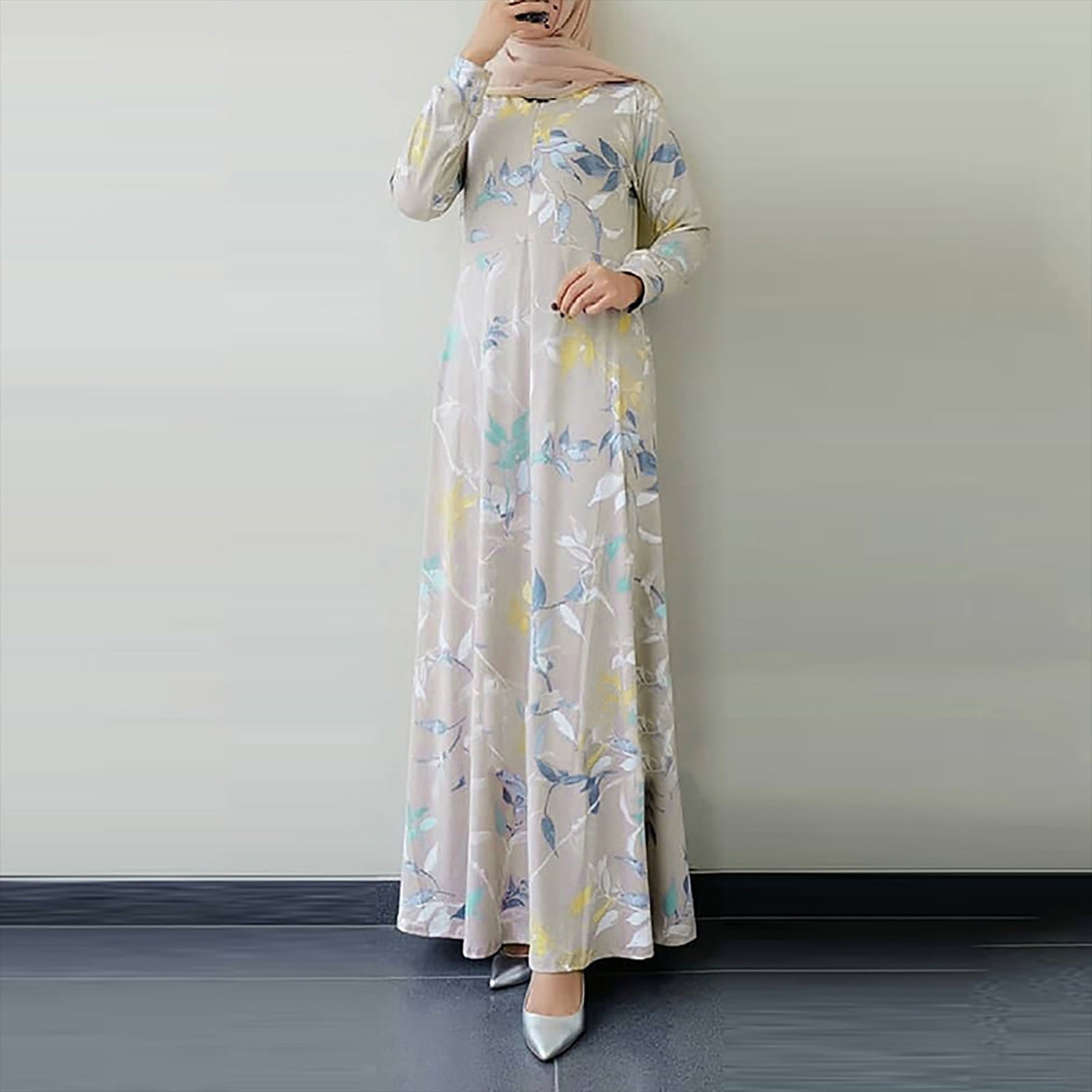 Women's Floral Print Muslim Modest Dress Full Sleeve Crew Neck Swing ...