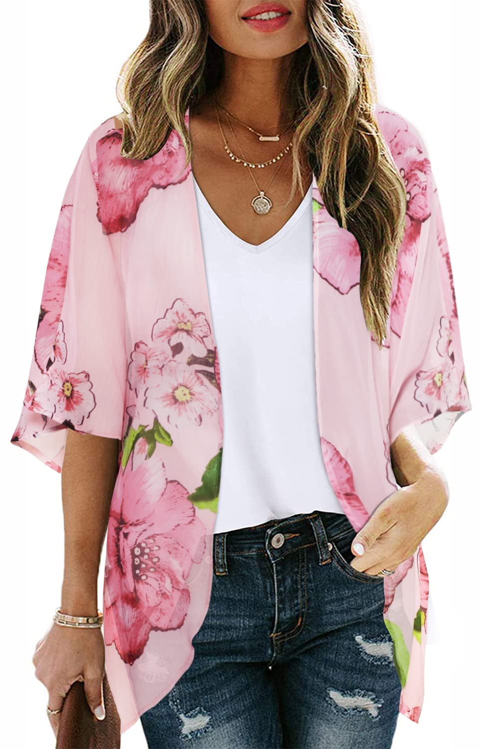 Women's Floral Print Puff Sleeve Kimono Cardigan Loose Cover Up Casual ...