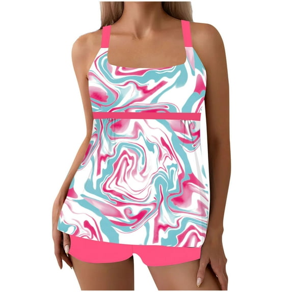 Women's Floral Print Swimwear Athletic Set, Sleeveless Crop Top ...