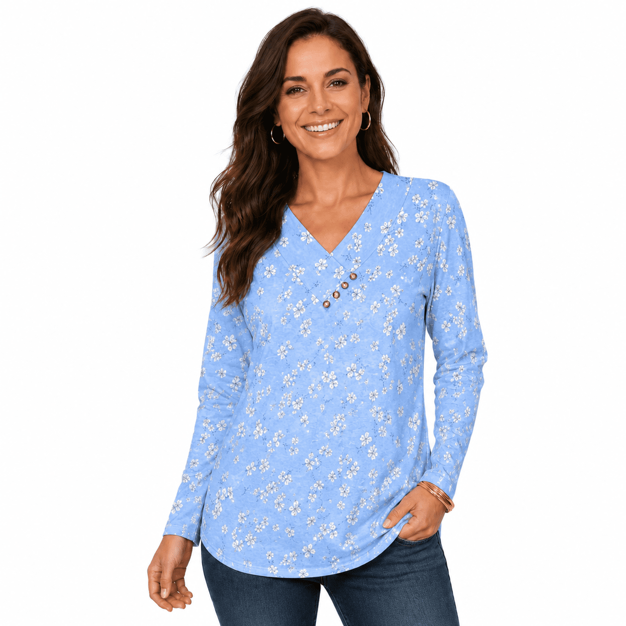 Women's Floral Print V Neck Long Sleeve Casual Blouse - Walmart.com