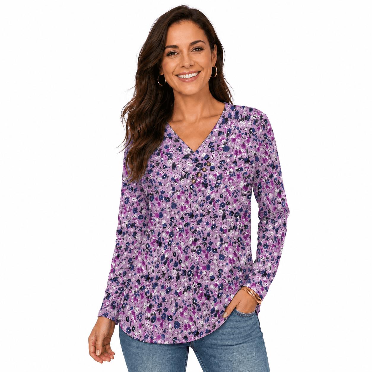 Women's Floral Print V Neck Long Sleeve Casual Blouse - Walmart.com