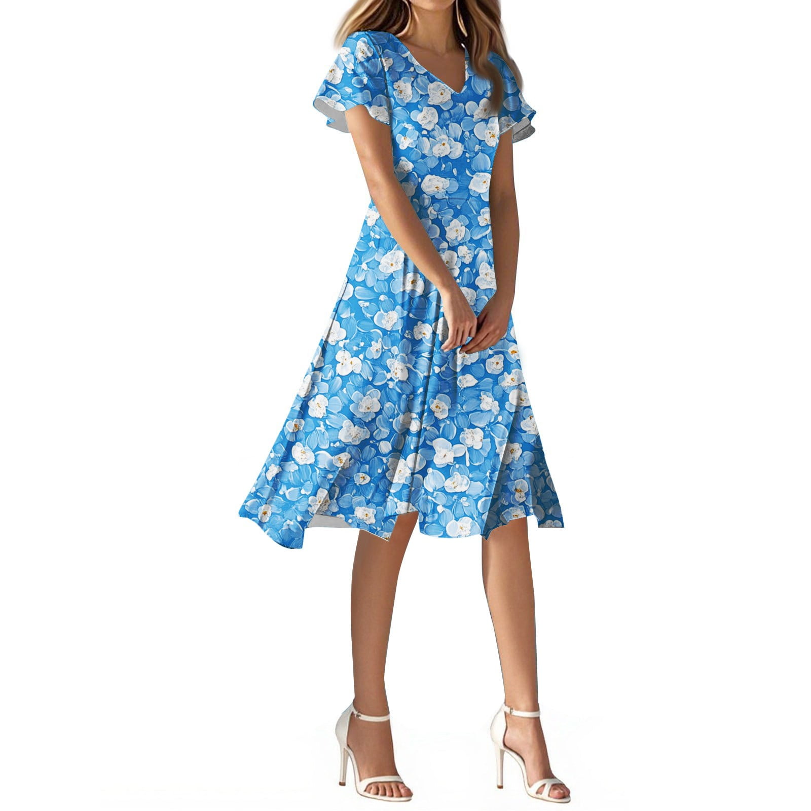 Women's Floral Print V-Neck Midi Dress with Short Flutter Sleeves ...