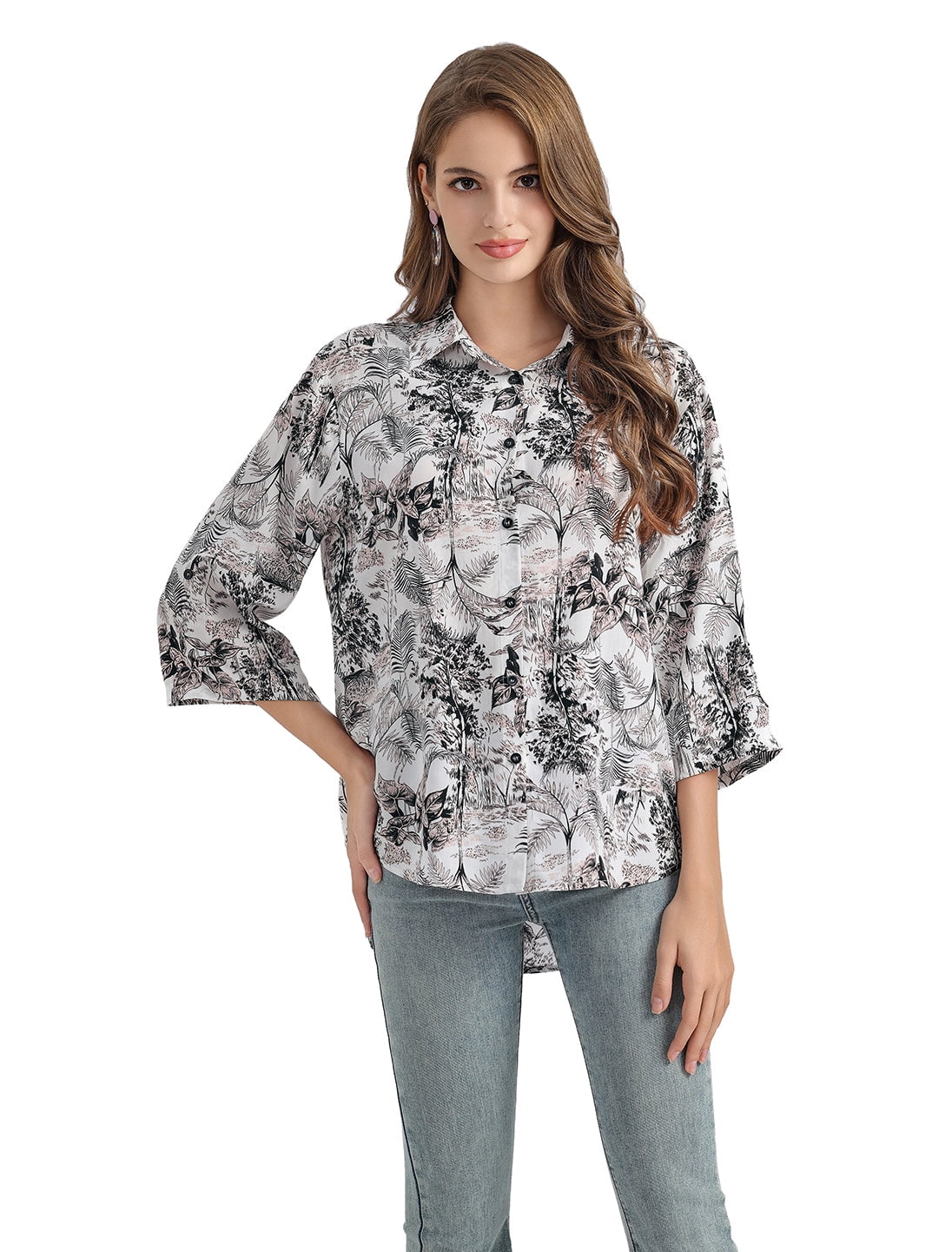 Women's Floral Printed Button Down Shirt with 3/4 Sleeves (S ...