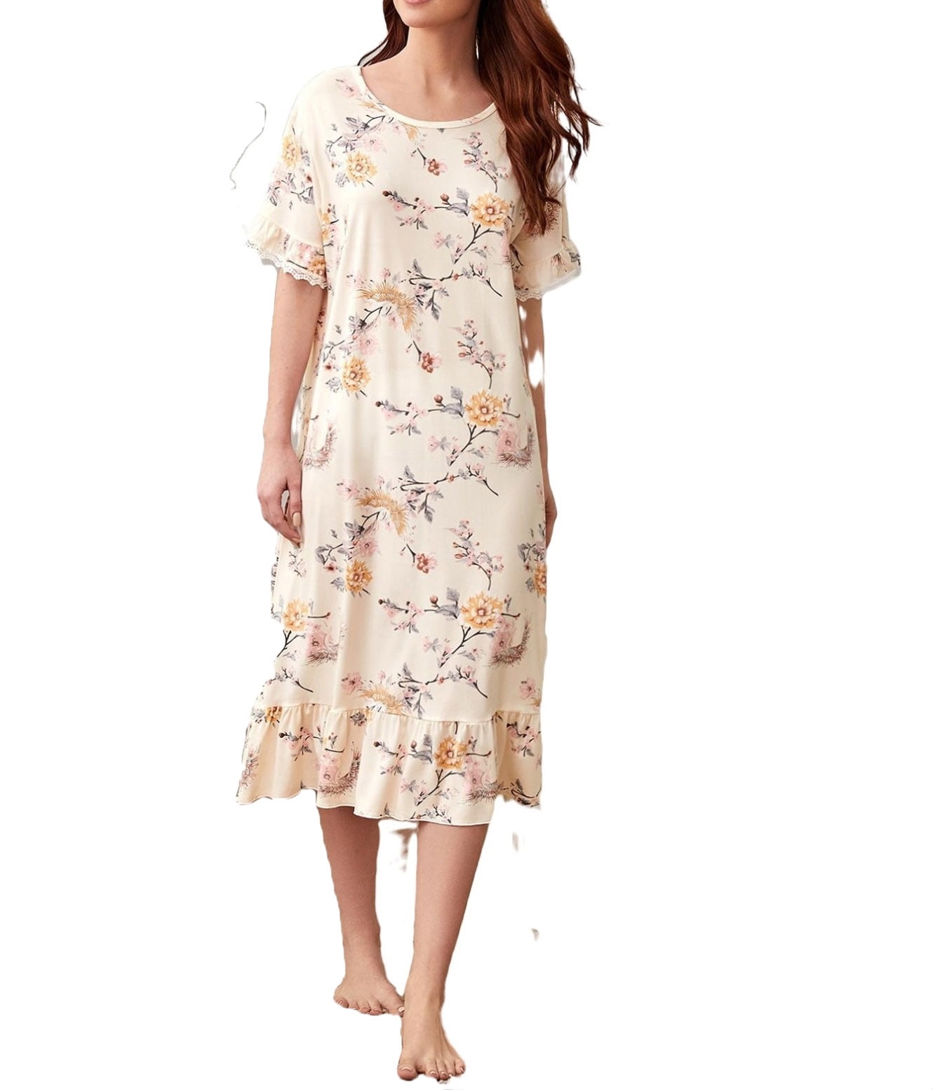 Women's Floral Sleepdress Short Sleeve Lace Ruffle Hem Night Dress Long ...