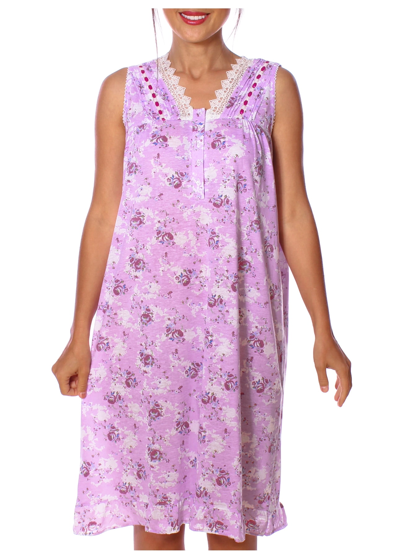 Women's Floral Sleeveless V-Neck Fancy Lace Pointelle Nightgown ...