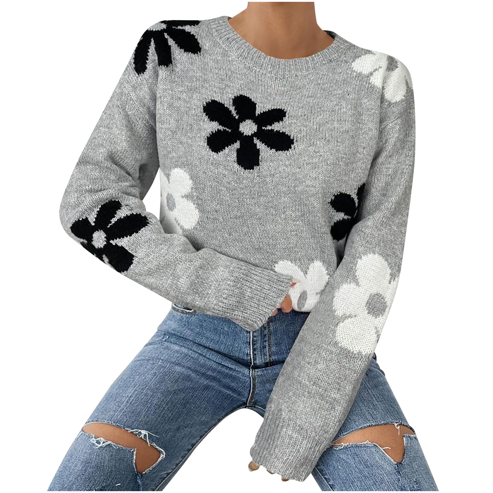 Women's Floral Sweaters Knit Crewneck Long Sleeve Shirts Cute Drop ...