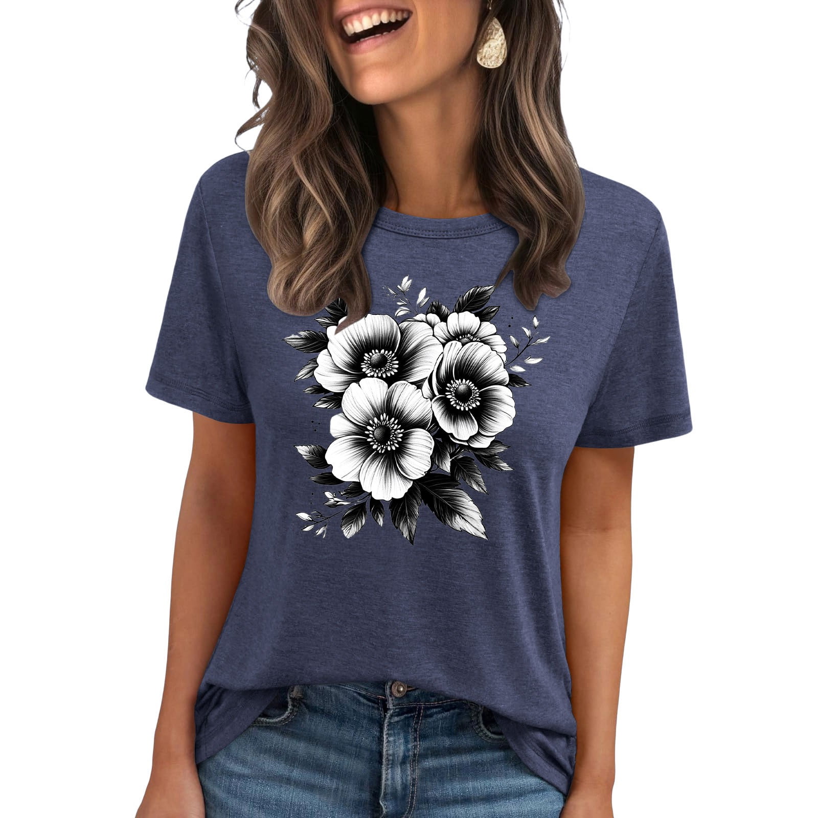 Women's Floral T-Shirt：Soft Vintage Cotton Short Sleeve Crew Neck ...