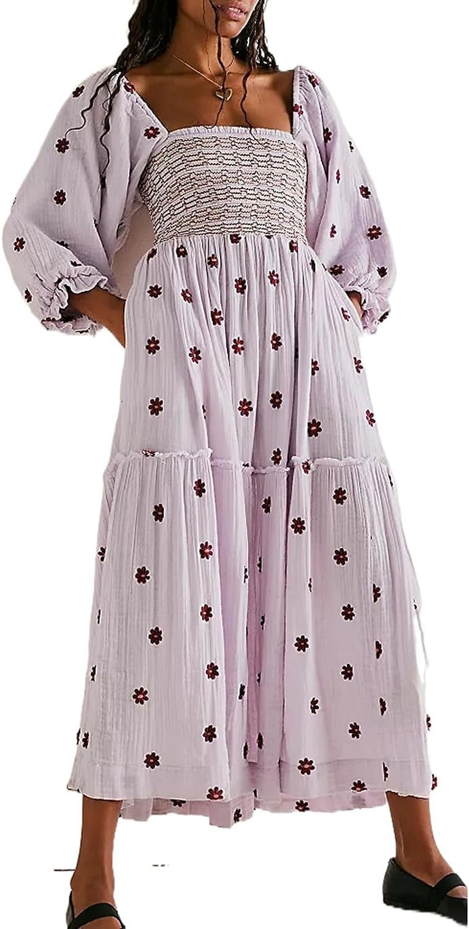 Women's Flower Embroidered Maxi Dress Lantern Sleeve Square Neck Tiered ...