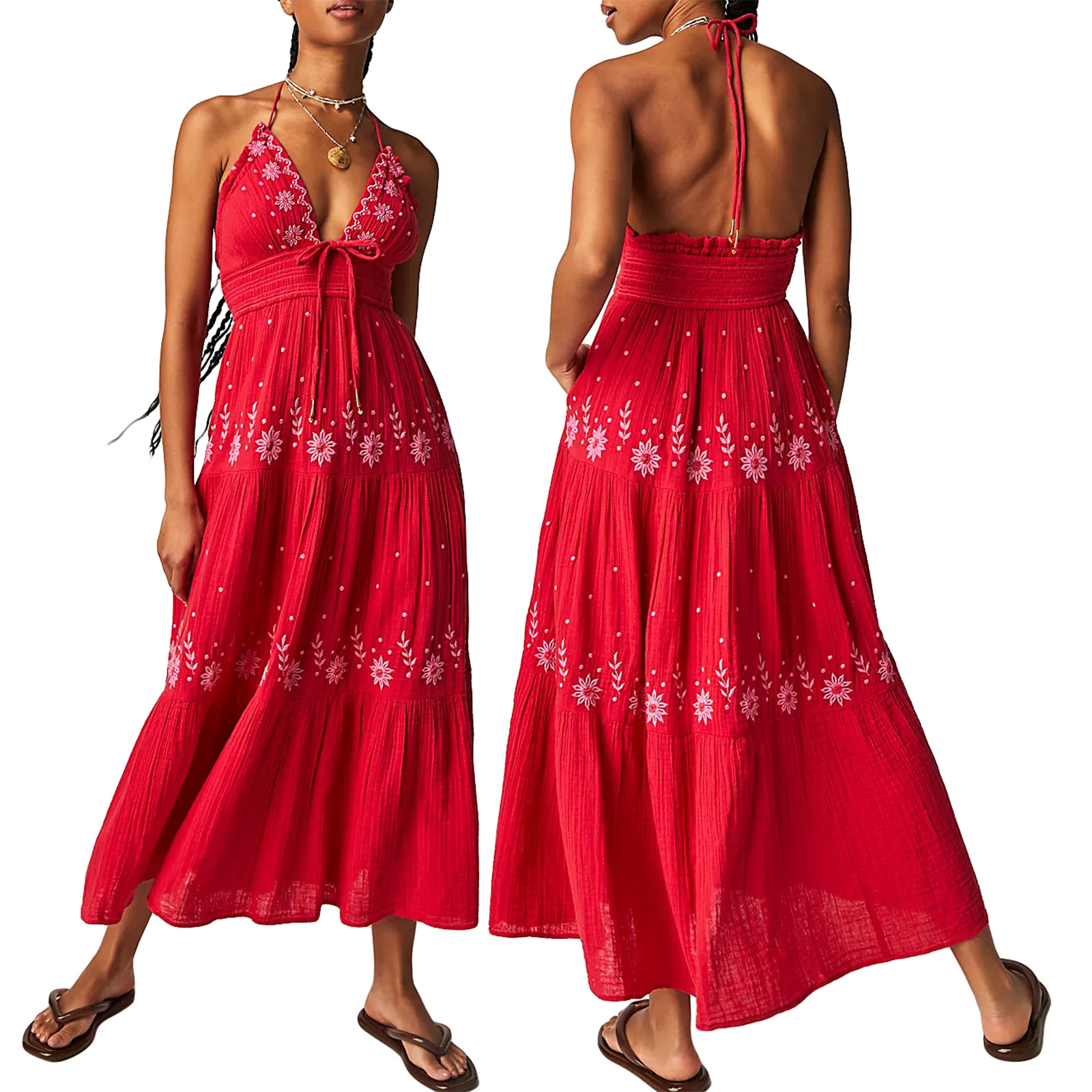 Women's Flower Embroidered Maxi Dress Sleeveless Backless Tiered Flowy ...