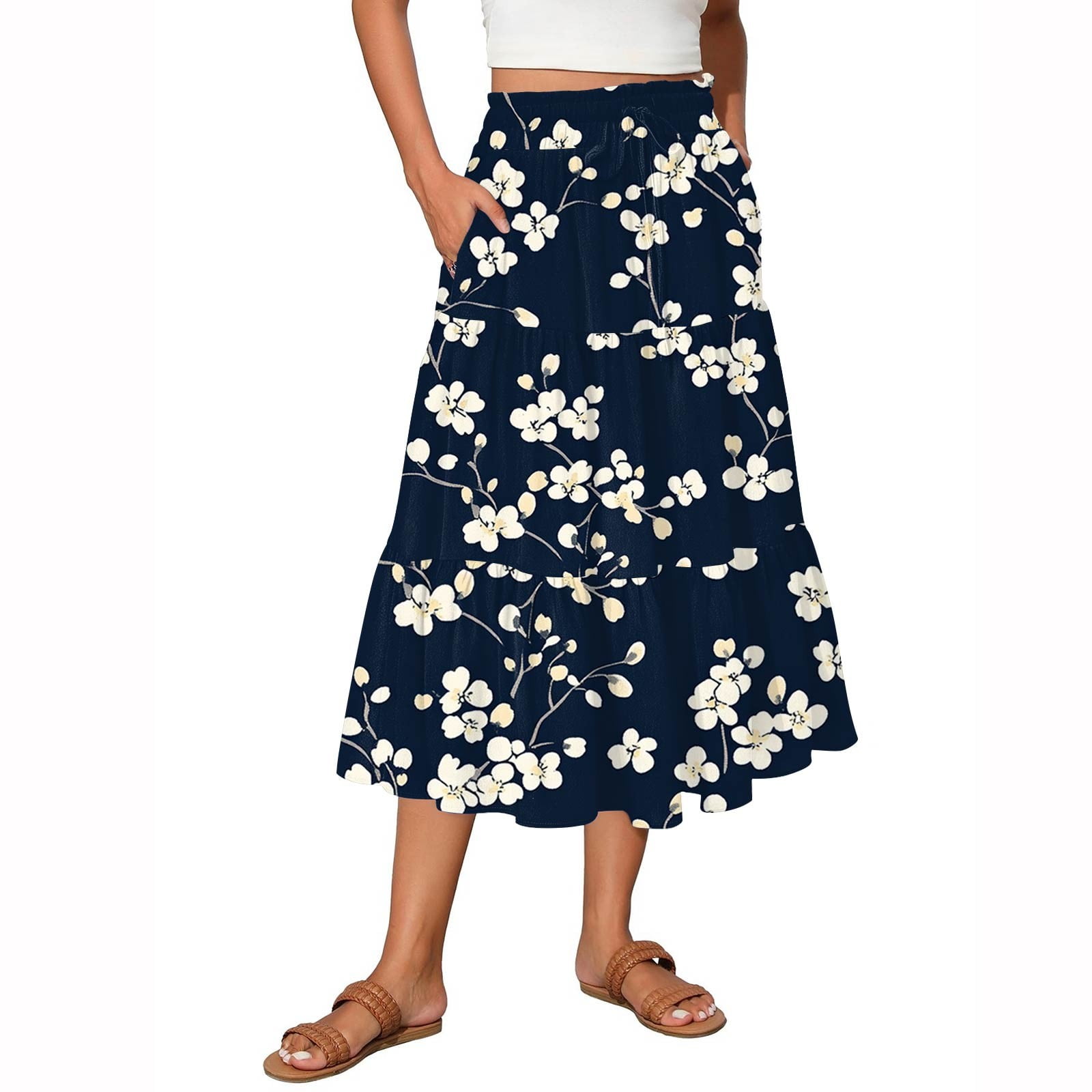 Women's Flowy Flared Ruffle Hem A-Line Maxi Skirts with Elastic Waist ...