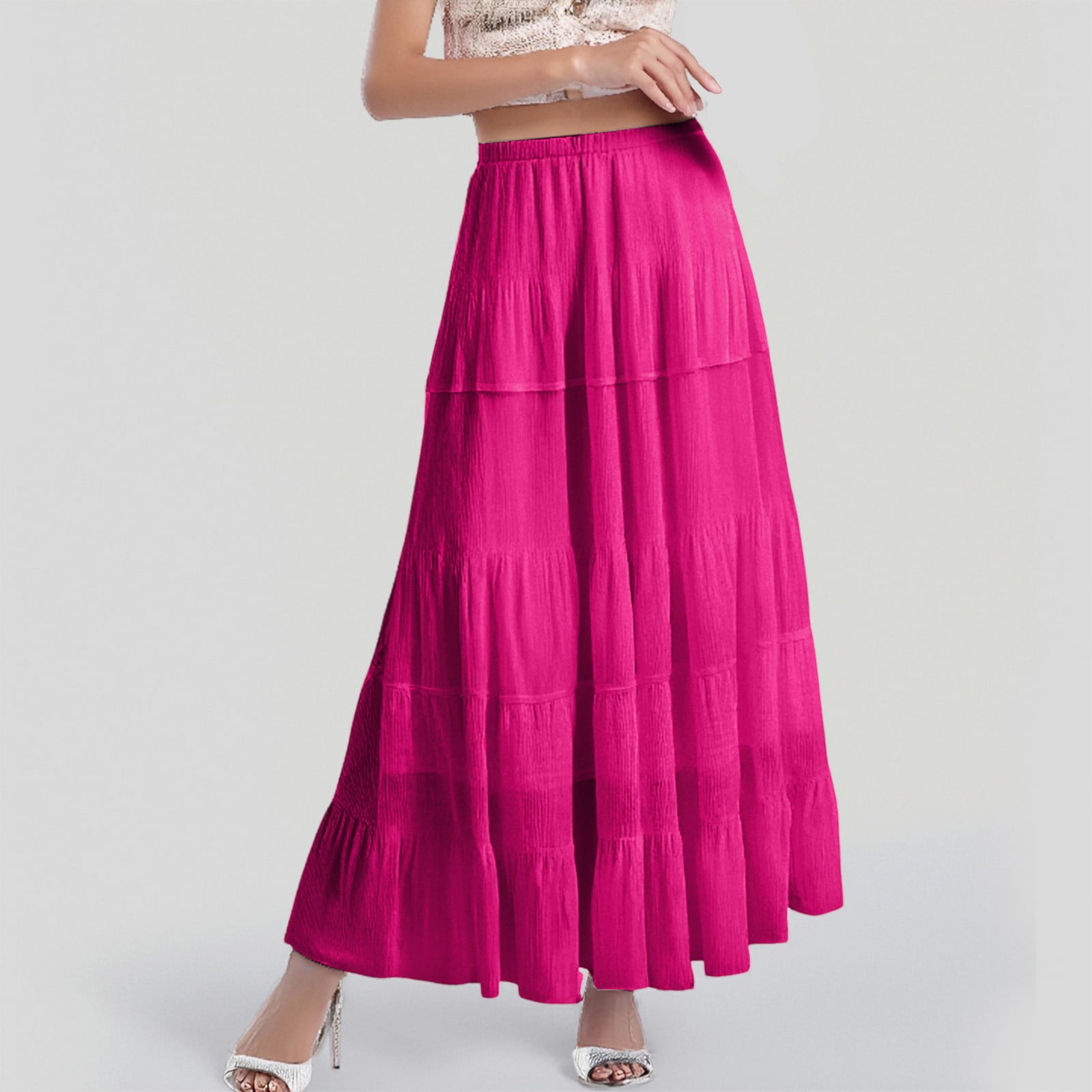 Women's Flowy Maxi Skirt Chiffon A-Line Design Pleated Elastic Waist ...