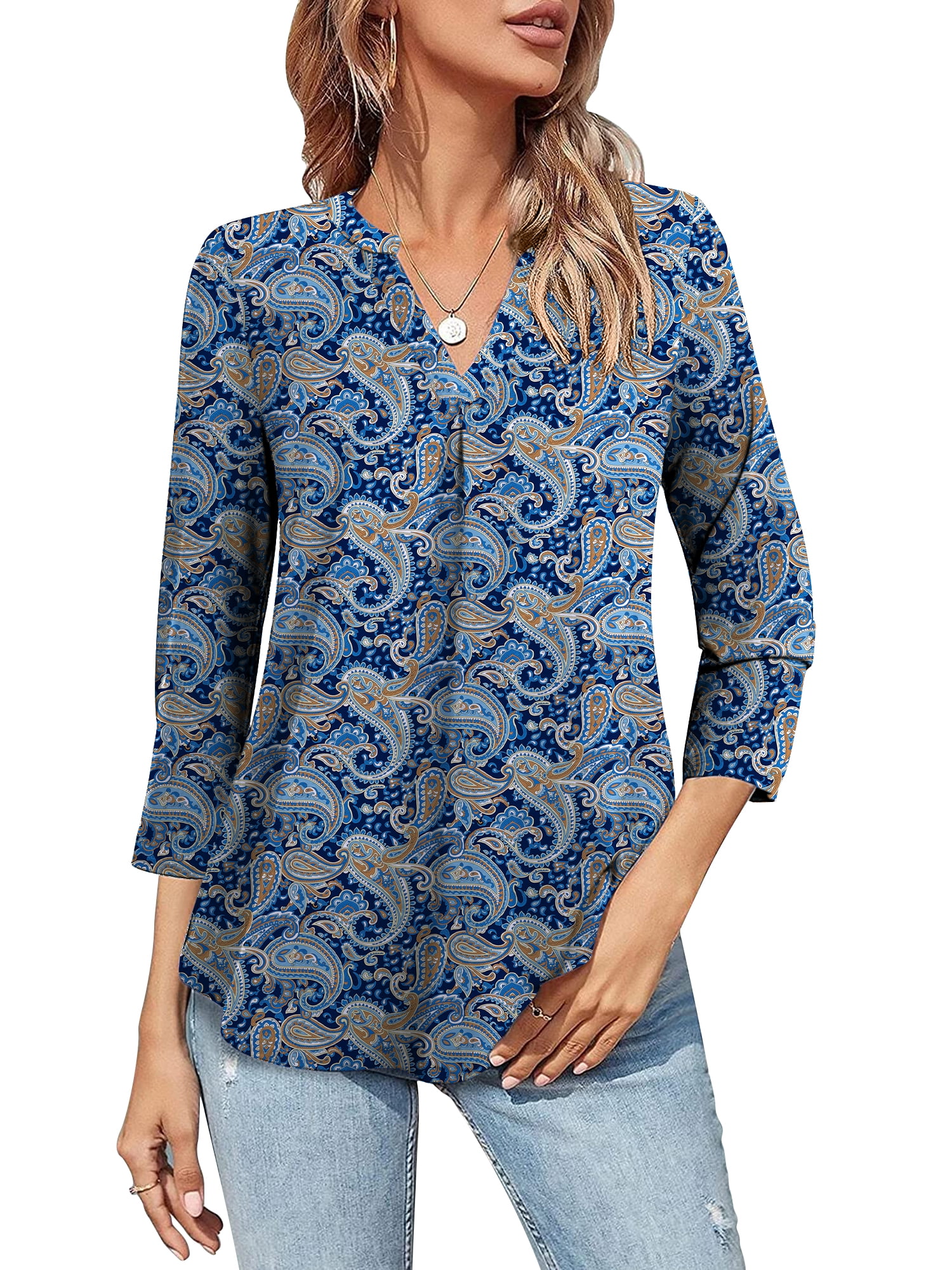Women's Flowy Paisley Tunic Tops 3/4 Sleeves V Neck Blouse for Women ...