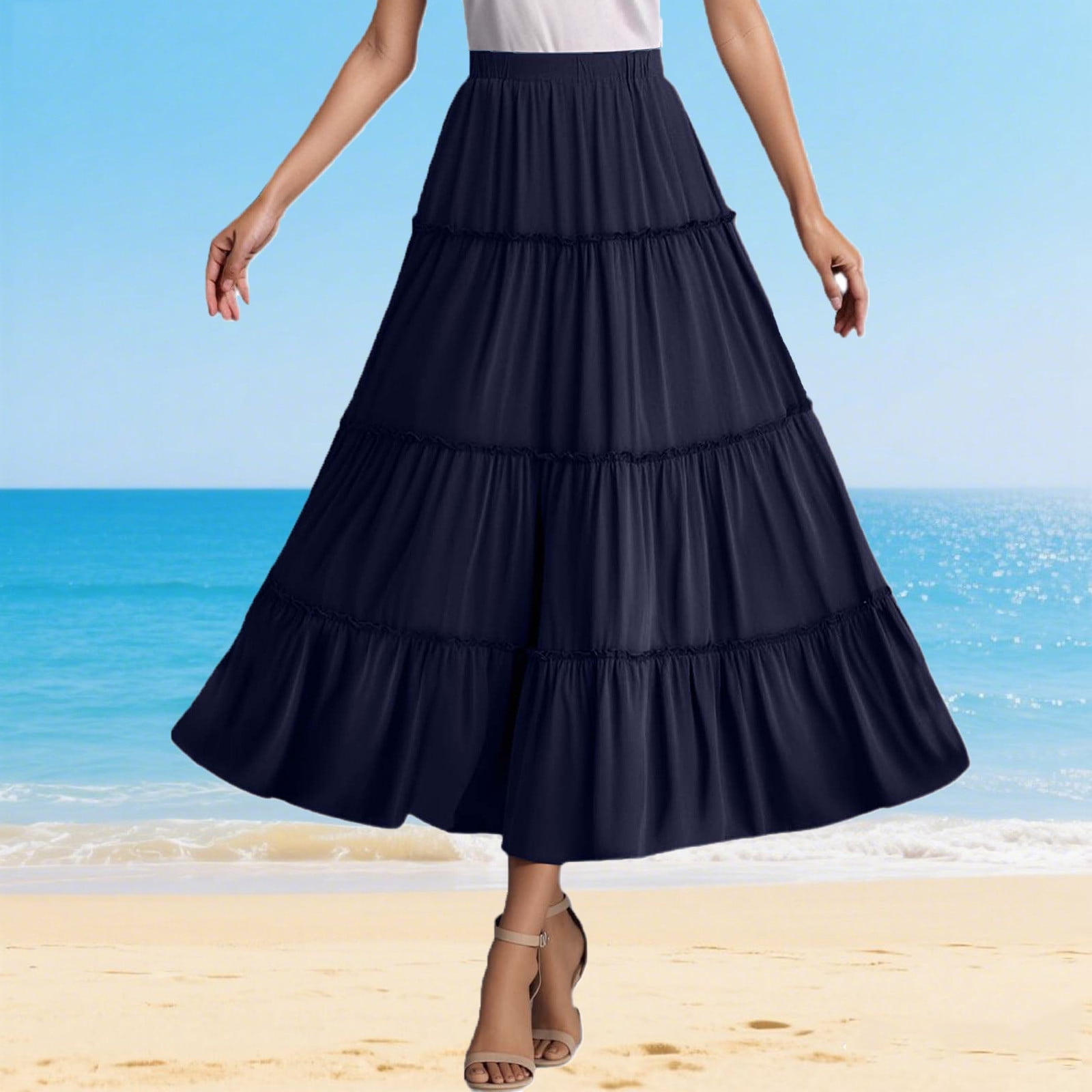 Women's Flowy Summer Skirt With Ruffle Hem Elastic Waist Long Skirt For ...
