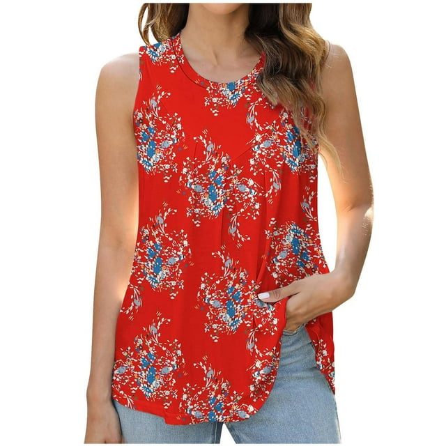 Women's Flowy Tank Tops Boho Floral Print Pleated Tunic Blouses Summer Casual Sleeveless Tops ...