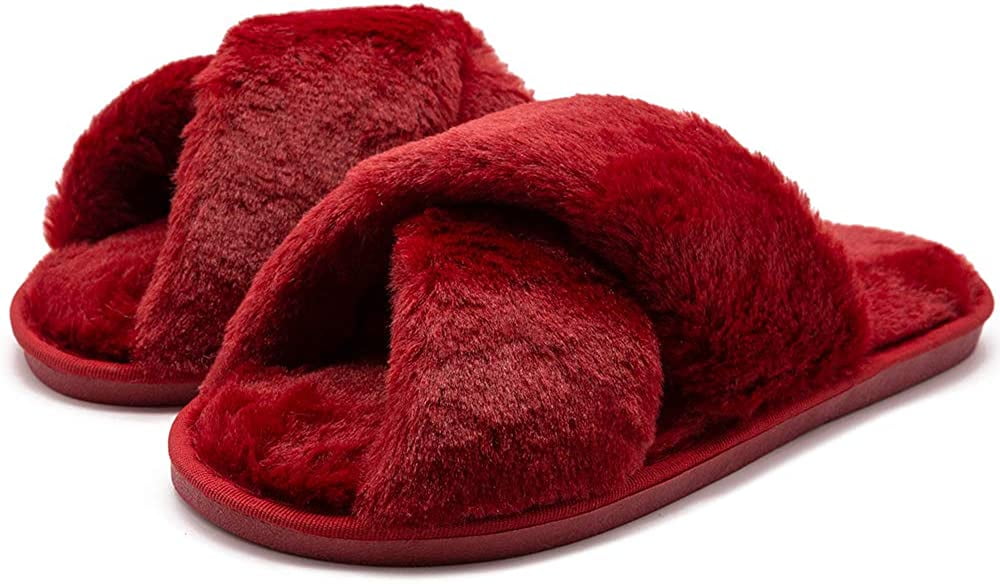 Womens Fluffy Furry Fuzzy Slippers Cross Band Soft Plush Flat Slide