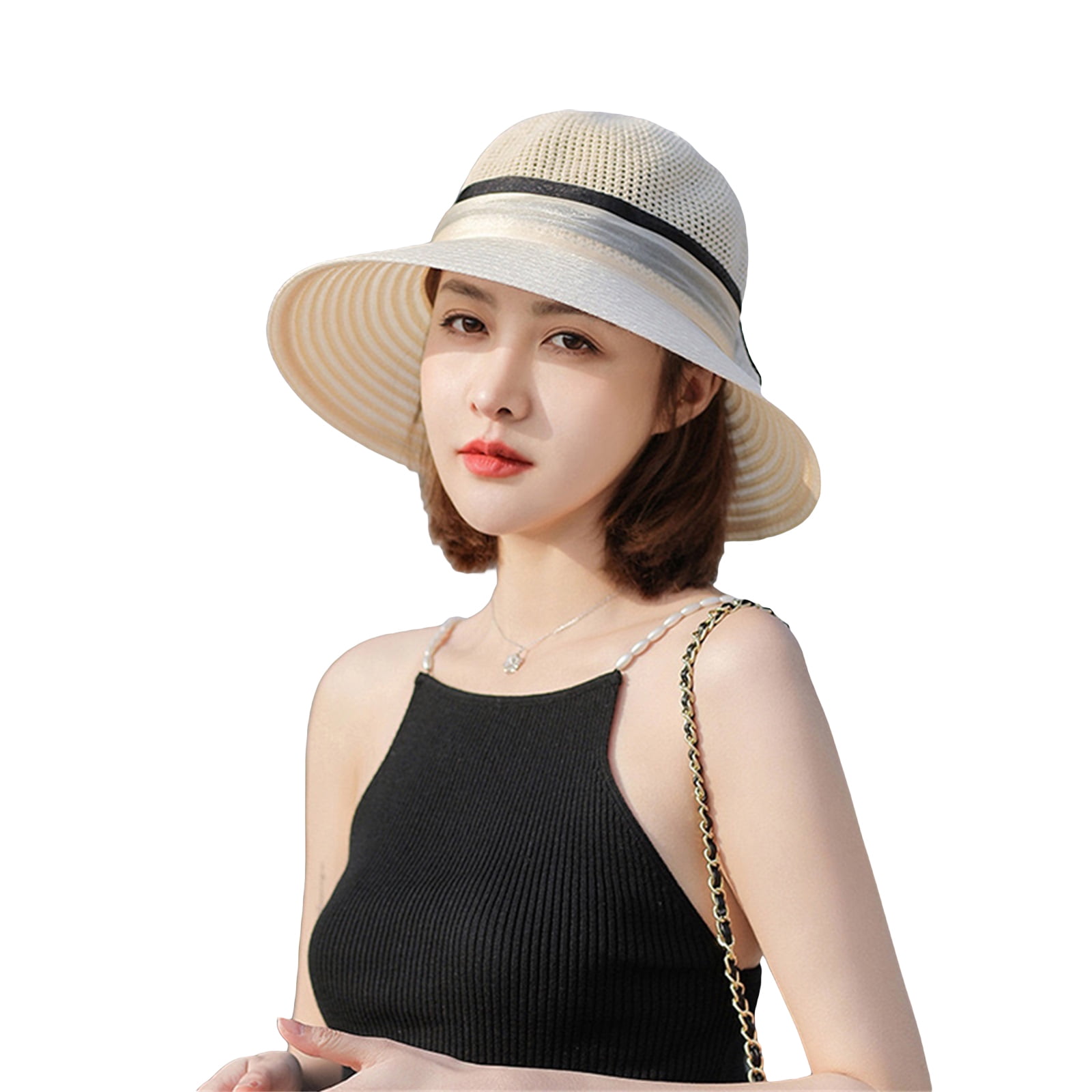 Womens Folable Floppy Hat Floral Decor Wide Brim Sun Protection Straw