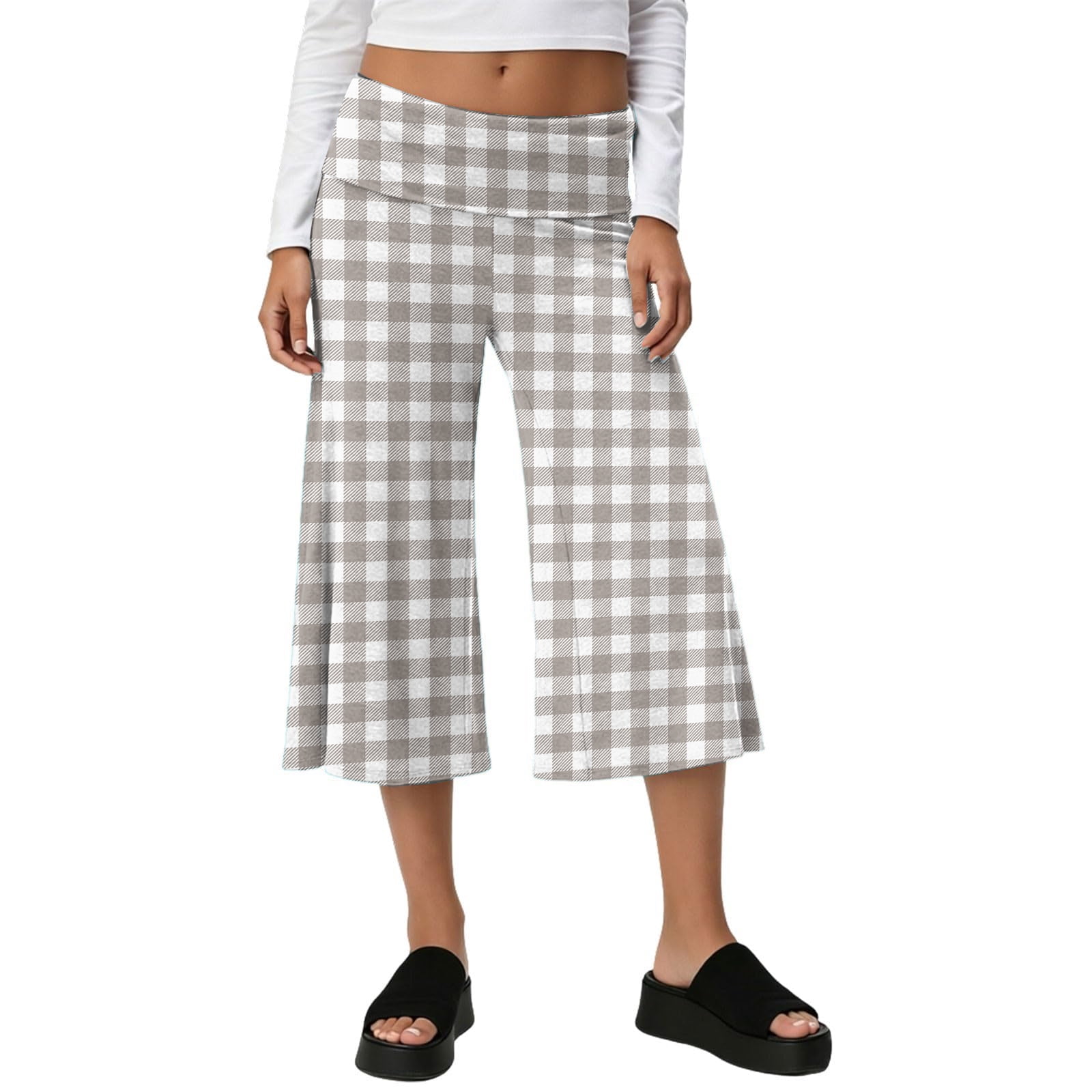 Women's Fold Over Capri Pants Y2K Low Rise Wide Leg Flowy Gaucho Pants ...