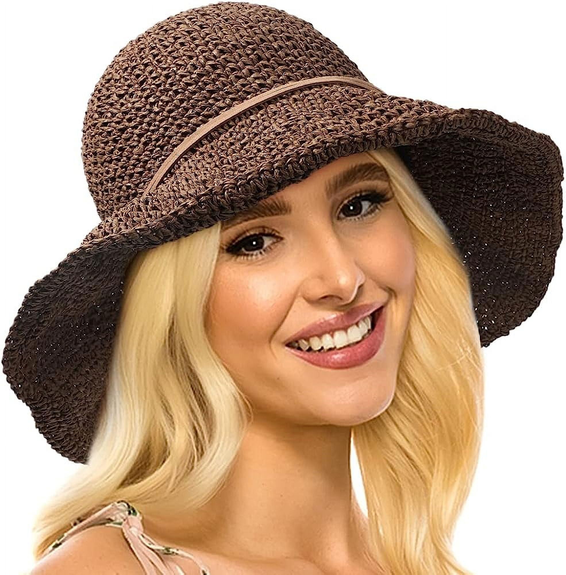 Womens Foldable Straw Sun Hat Wide Brim Upf 50 Crochet Summer Floppy