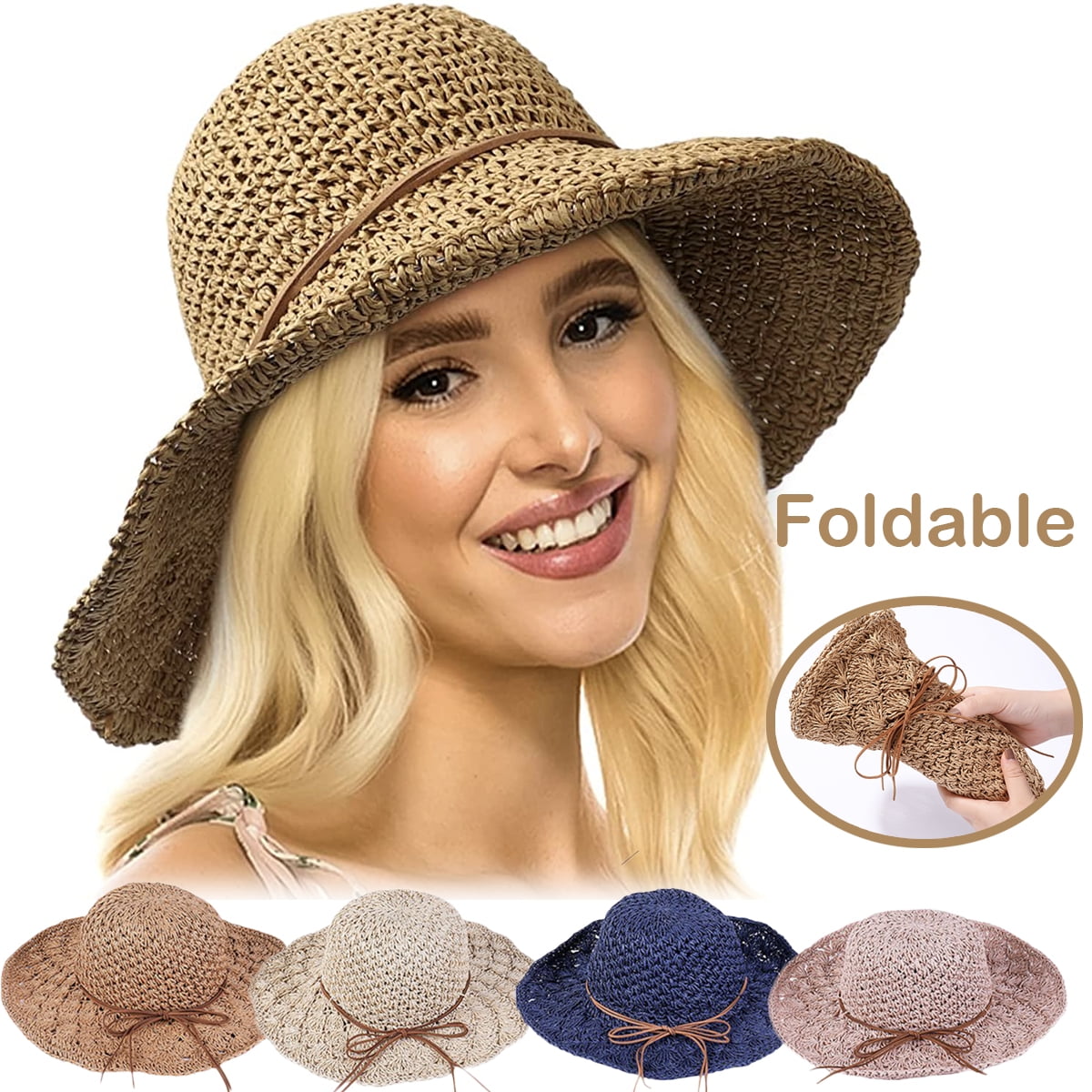 Womens Foldable Straw Sun Hat Wide Brim Upf 50 Crochet Summer Floppy