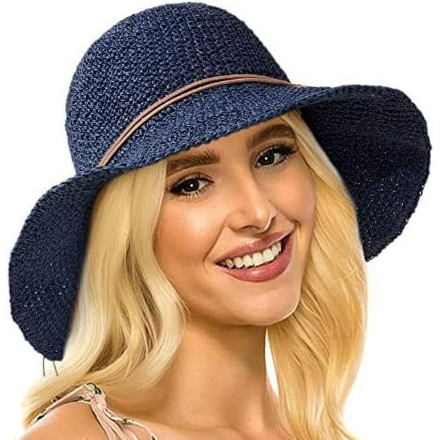 Womens Foldable Straw Sun Hat Wide Brim Upf 50 Crochet Summer Floppy