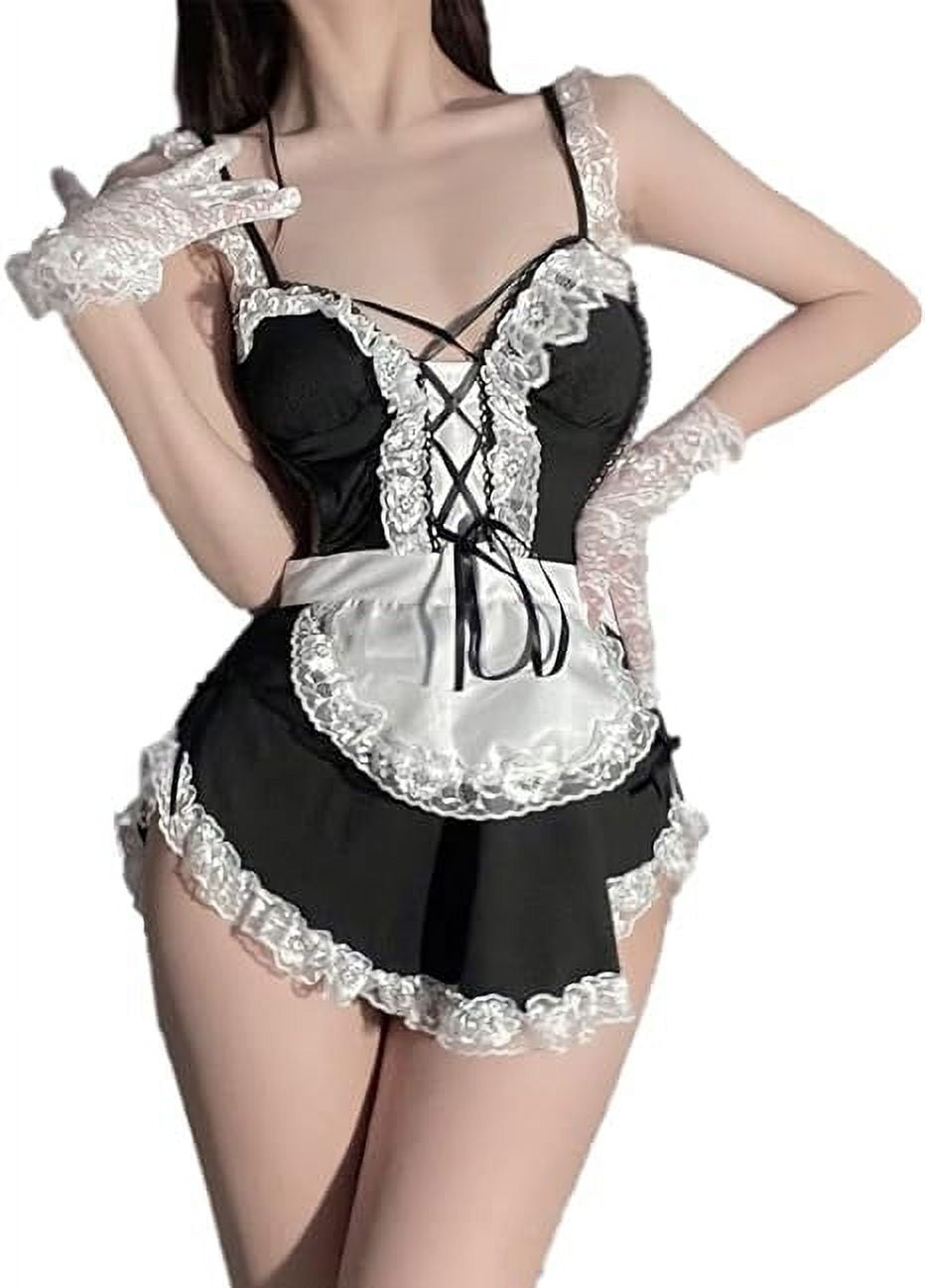 Womens French Maid Costume Sexy Maid Lingerie Strap Deep V Neck Maid