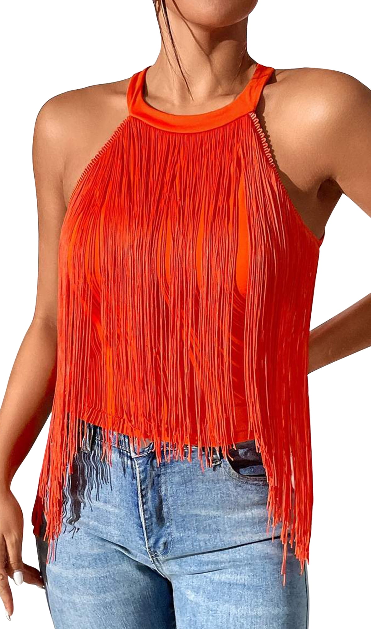 Women’s Fringe High Neck Tank Tops Sleeveless Halter Tassel Tops Solid ...