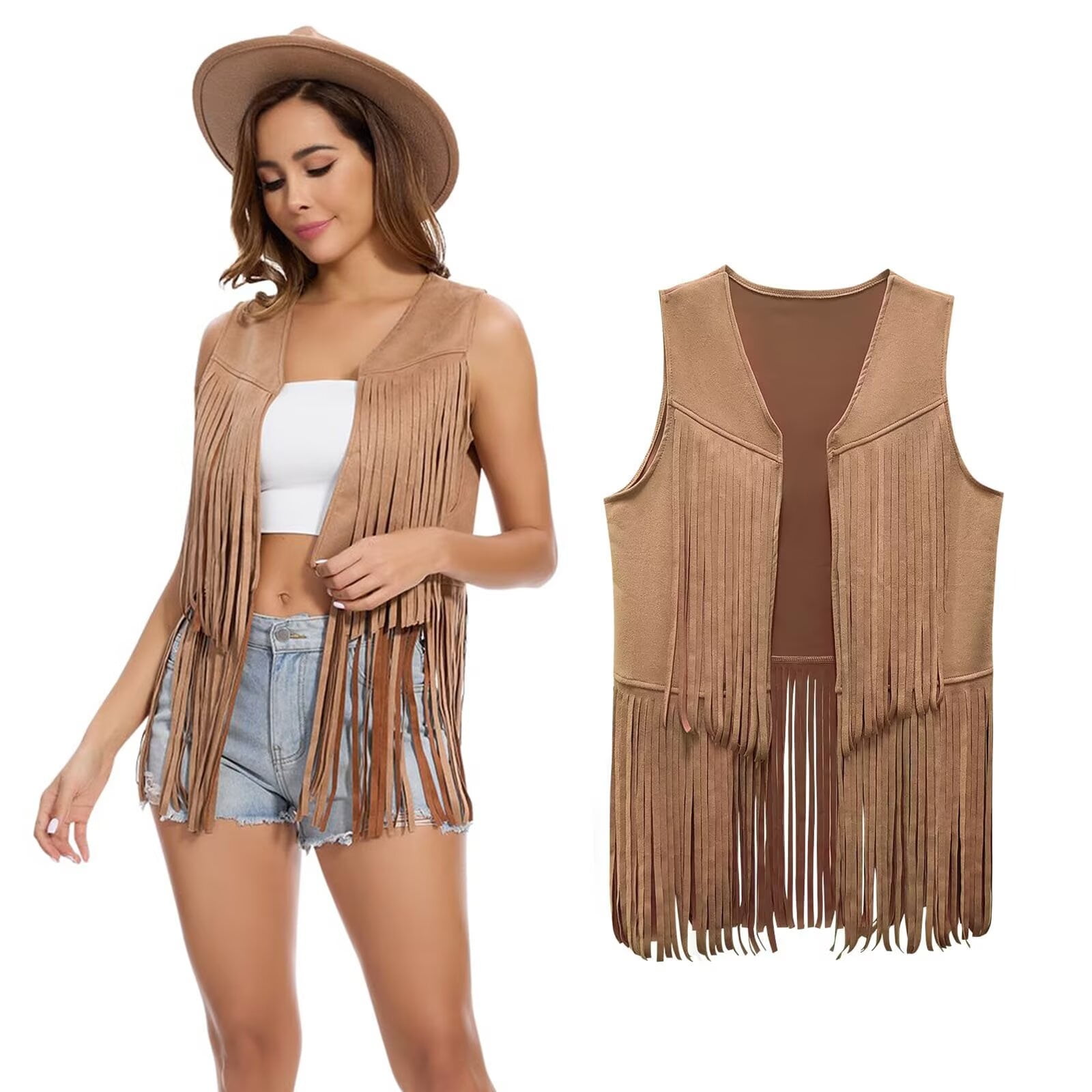 Women's Fringe Vest - 60s 70s Hippie Cowgirl Western Sleeveless Faux Suede Tassel Jacket ...