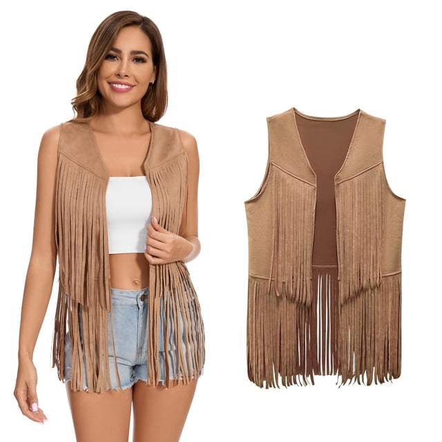 Women's Fringe Vest Sleeveless Faux Suede Tassel Leather Jacket ...