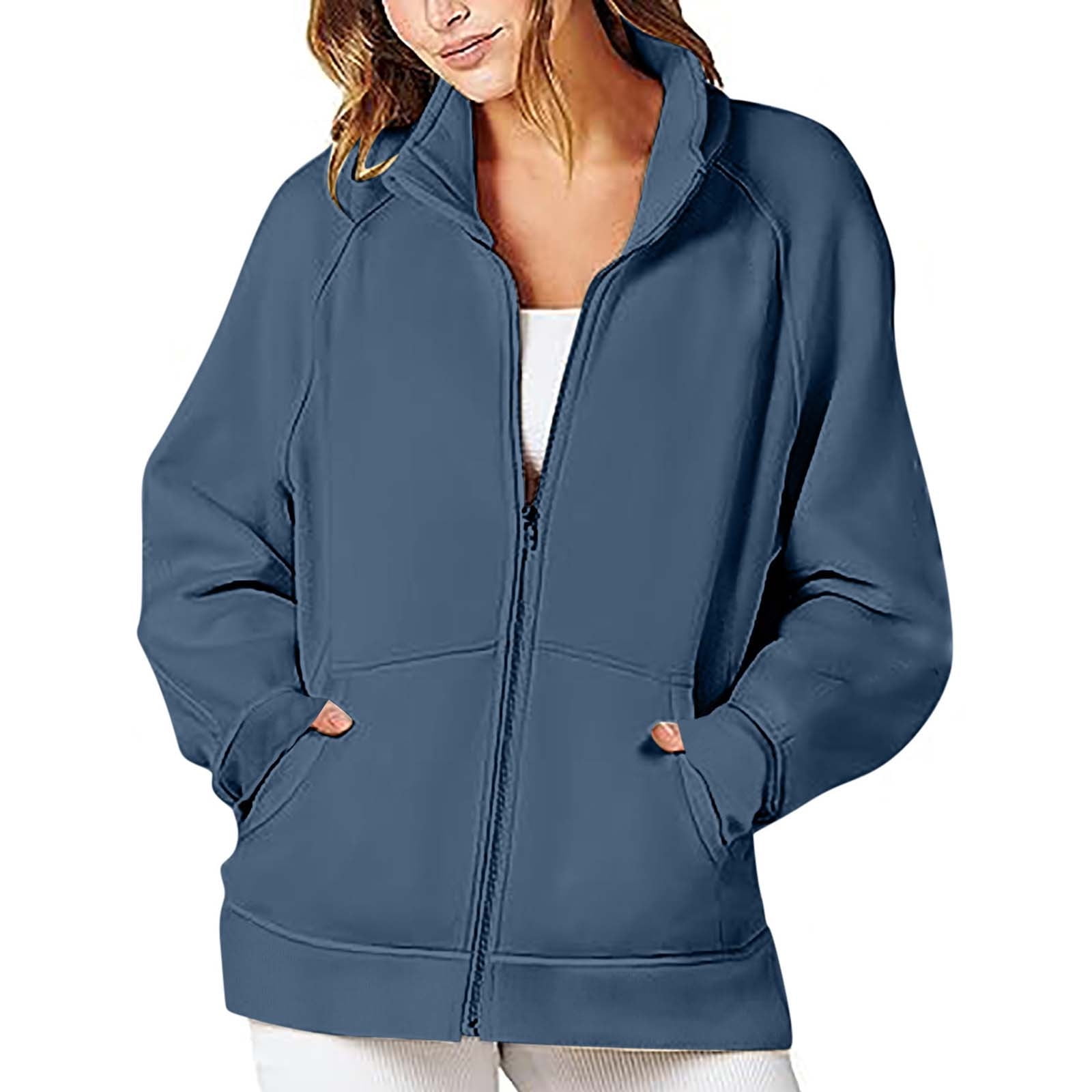 Women's Full Zip Up Jackets No Hood Long Sleeve Loose Fit Sweatshirts ...