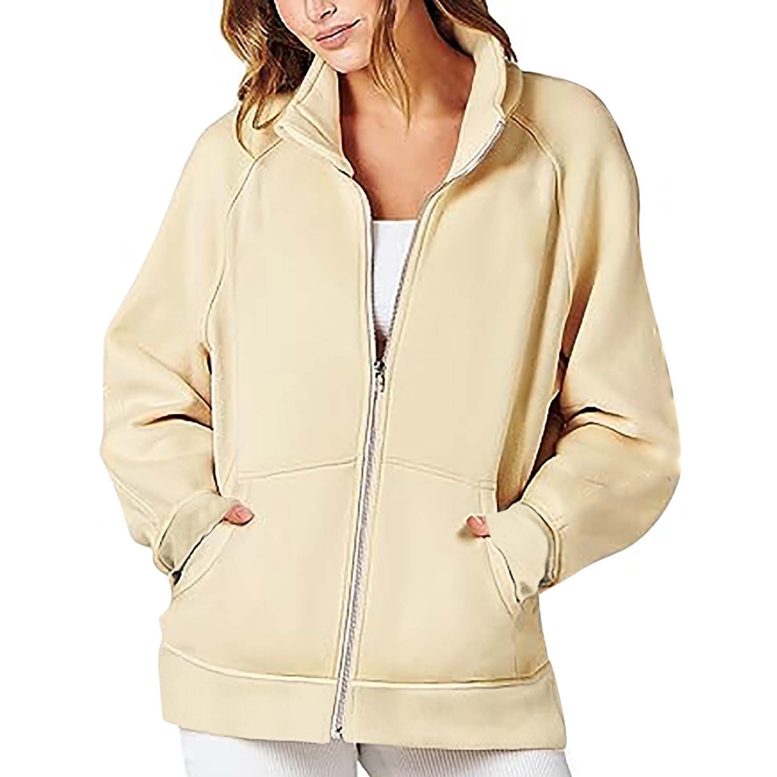 Women's Full Zip Up Jackets No Hood Long Sleeve Loose Fit Sweatshirts ...