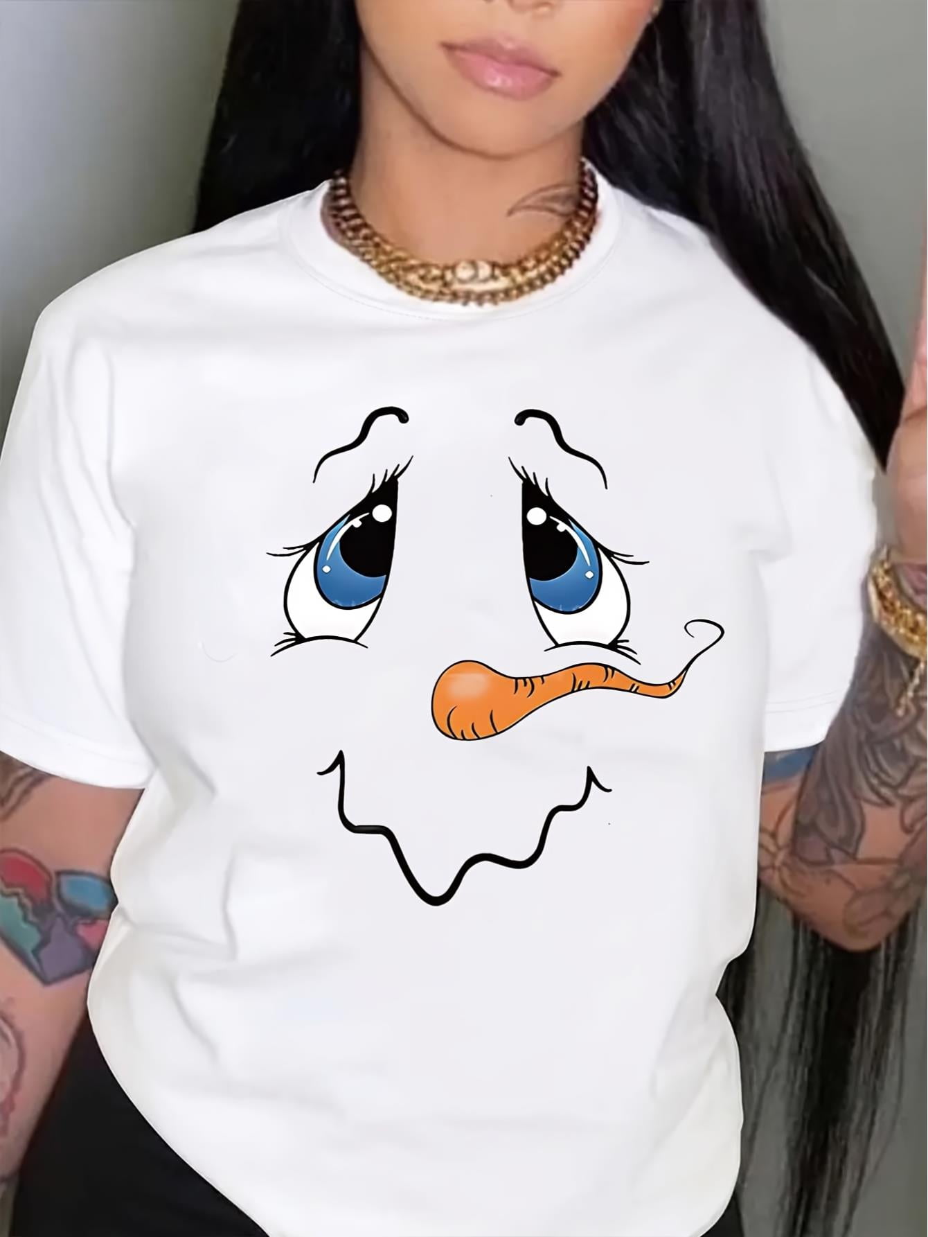 Women's Funny Cartoon Long Nose Emoticon Print Crew Neck T-Shirt ...