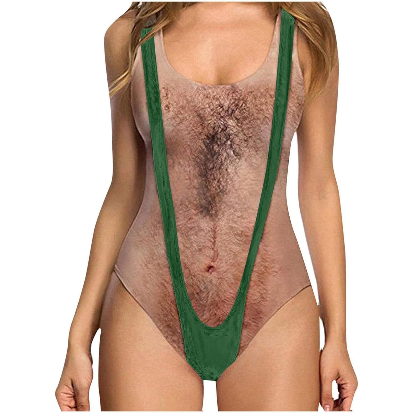 Women's Funny Printed Swimsuit Novelty Hairy Chest Design Monokini Bathing Suit Summer Beachwear ...