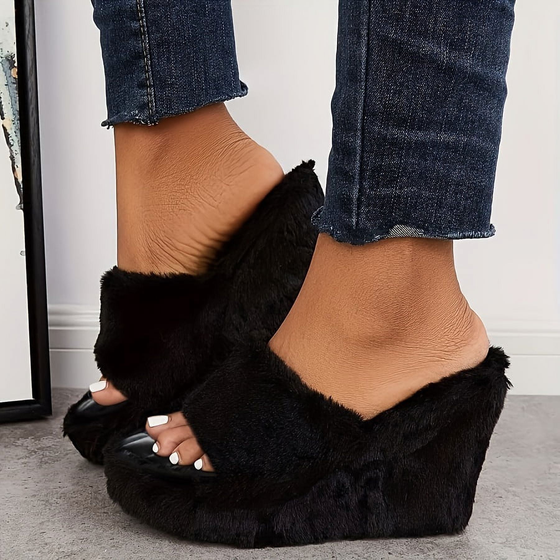 Women's Furry Open Toe Platform Wedge Slippers, Comfy Solid Color Slip ...