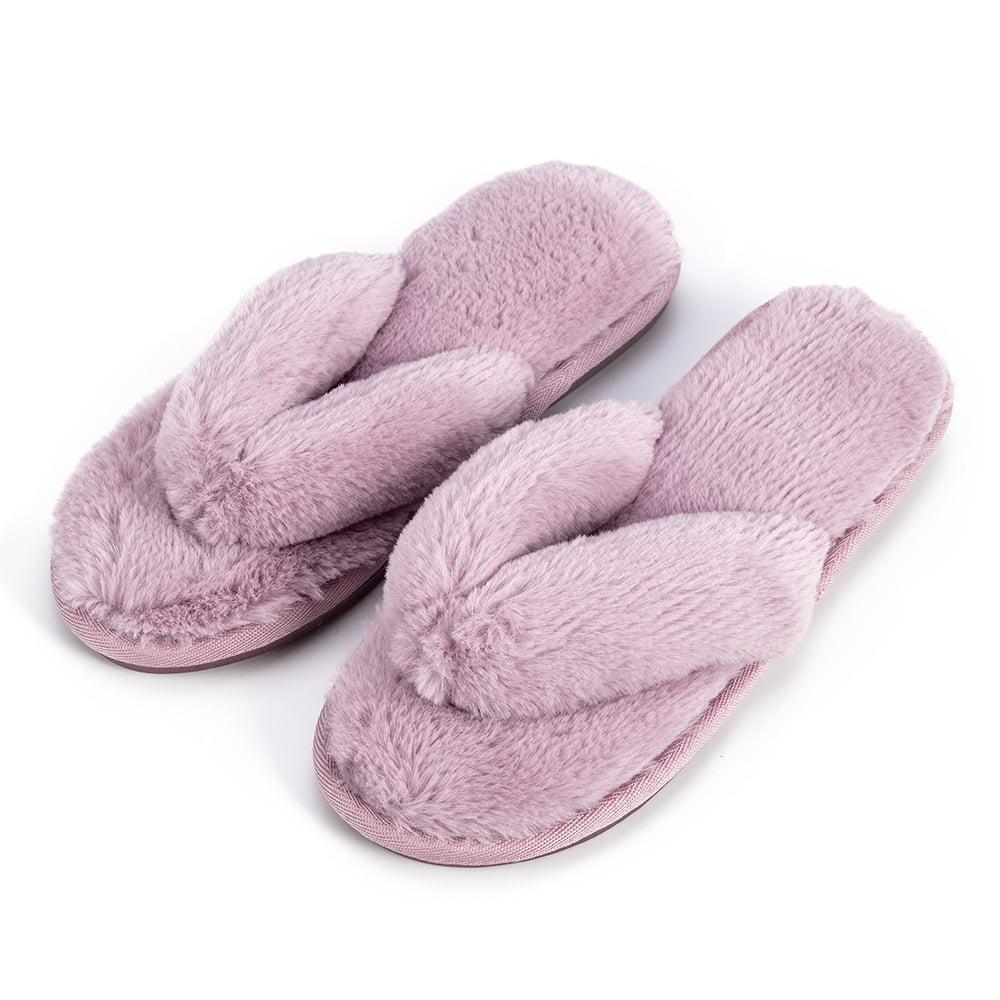 Women's Faux Fur Bedroom Slippers, Crossband Fluffy Flip Flop, Warm ...
